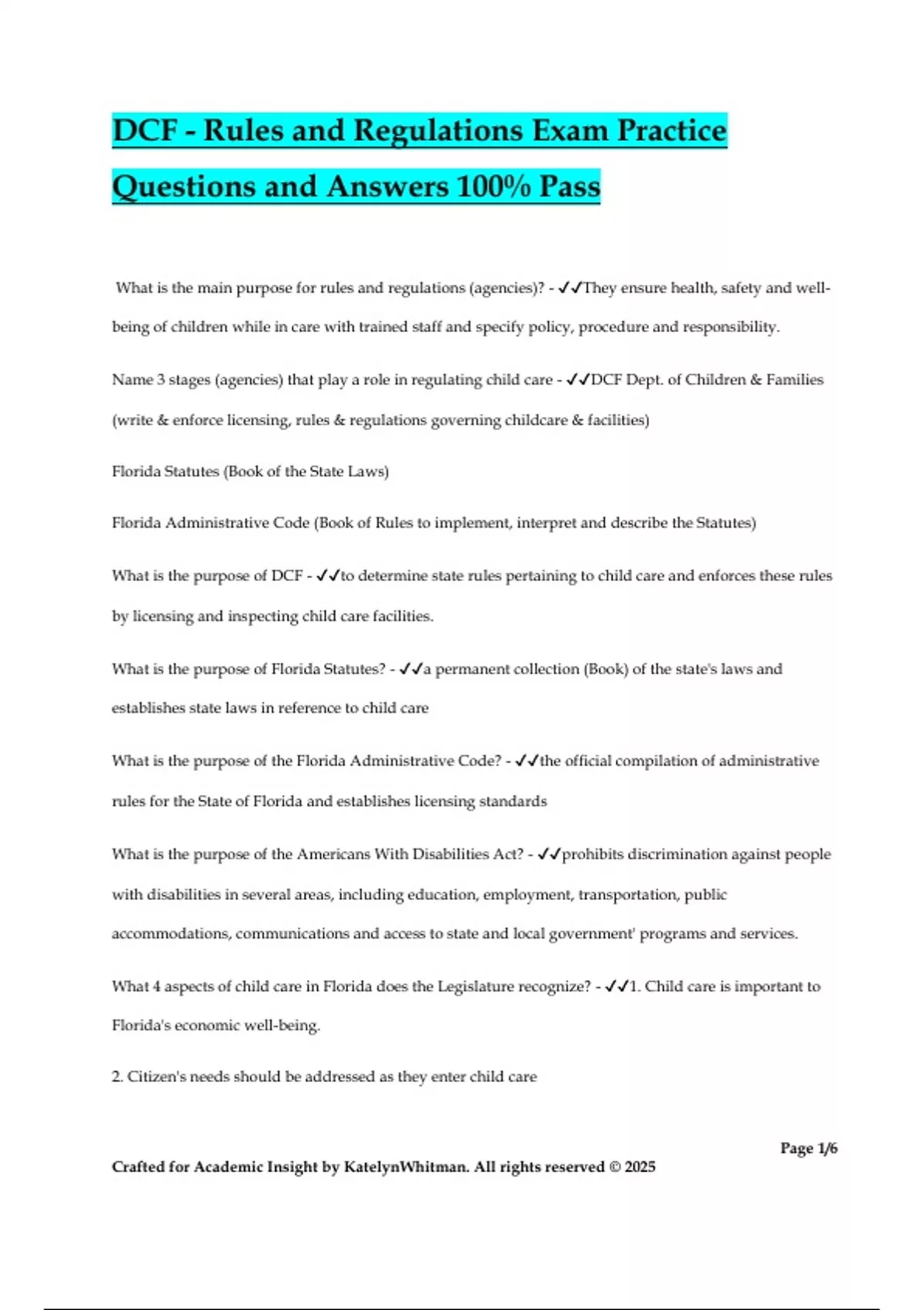 DCF - Rules and Regulations Exam Practice Questions and Answers 100% ...