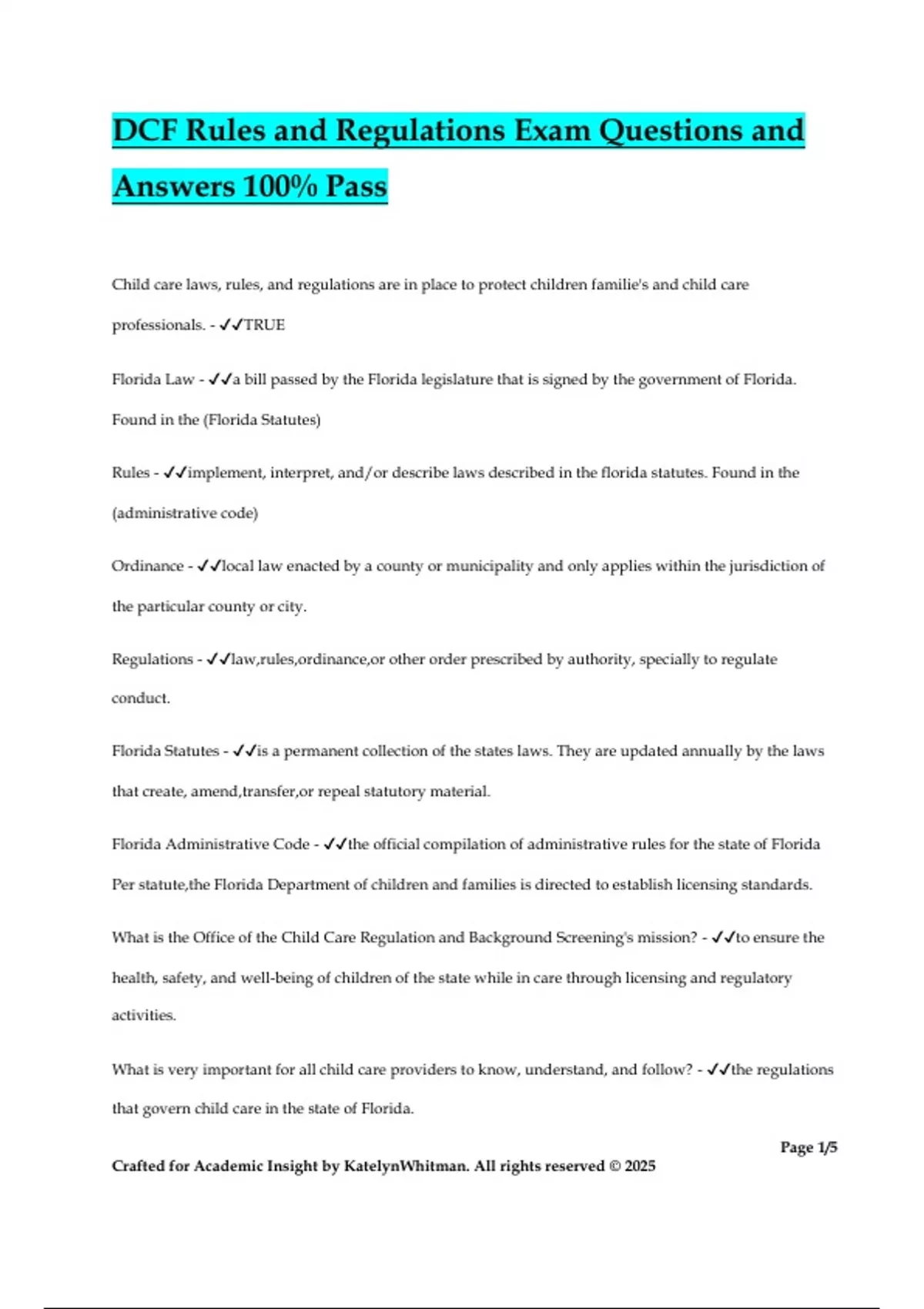 DCF Rules and Regulations Exam Questions and Answers 100% Pass - Dcf ...