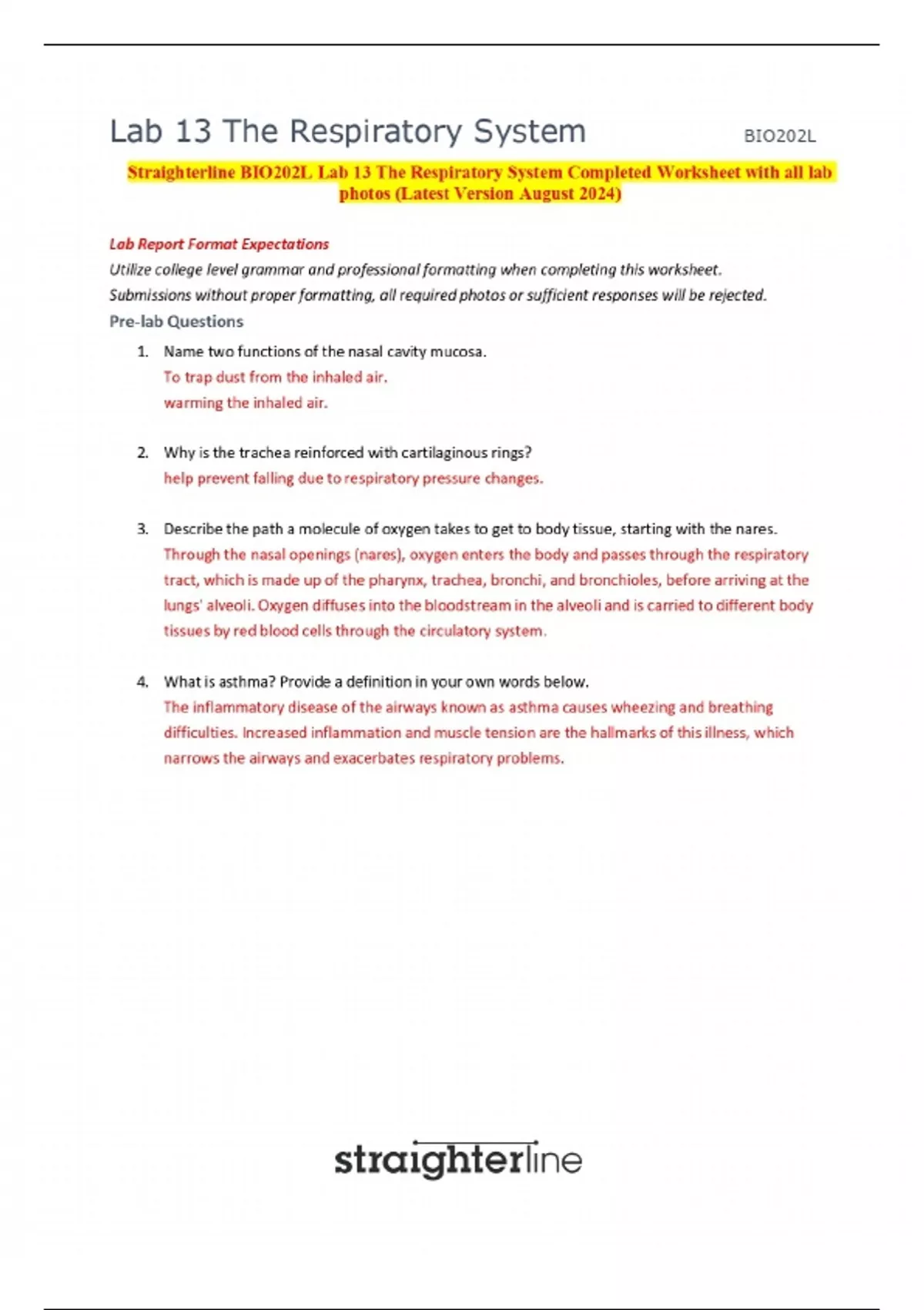 Straighterline BIO202L Lab 13 The Respiratory System Completed ...