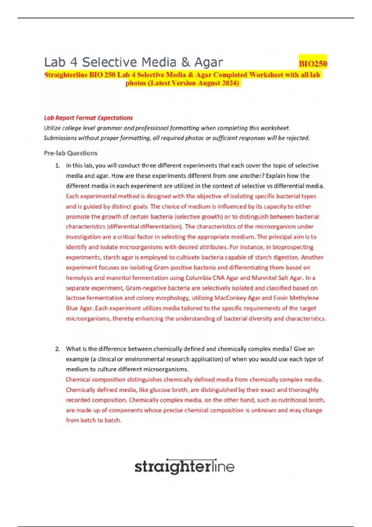 Straighterline BIO 250 Lab 4 Selective Media & Agar Completed Worksheet ...