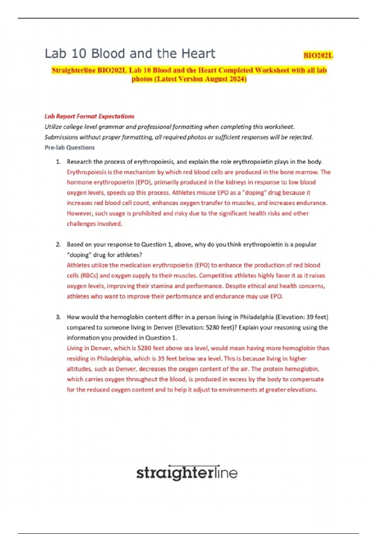 Straighterline BIO202L Lab 10 Blood and the Heart Completed Worksheet ...