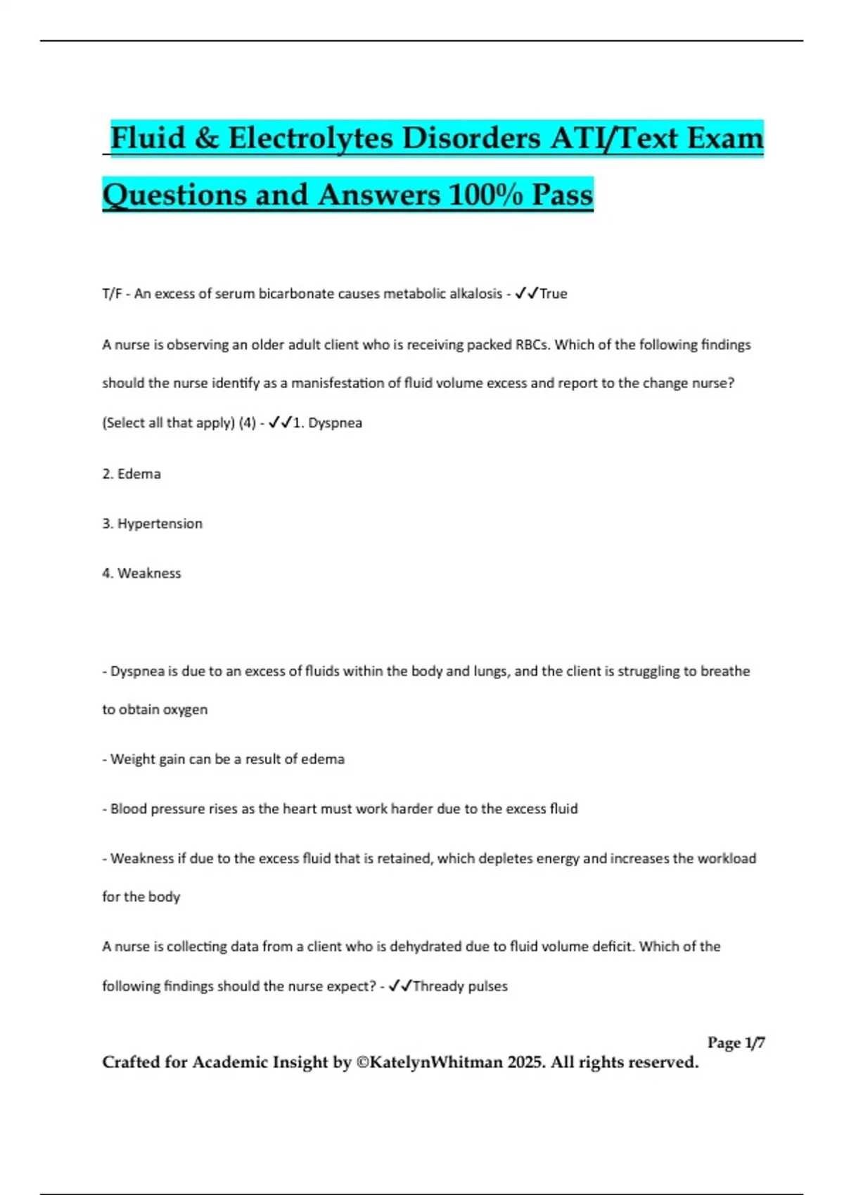 Fluid & Electrolytes Disorders ATI/Text Exam Questions and Answers 100% ...