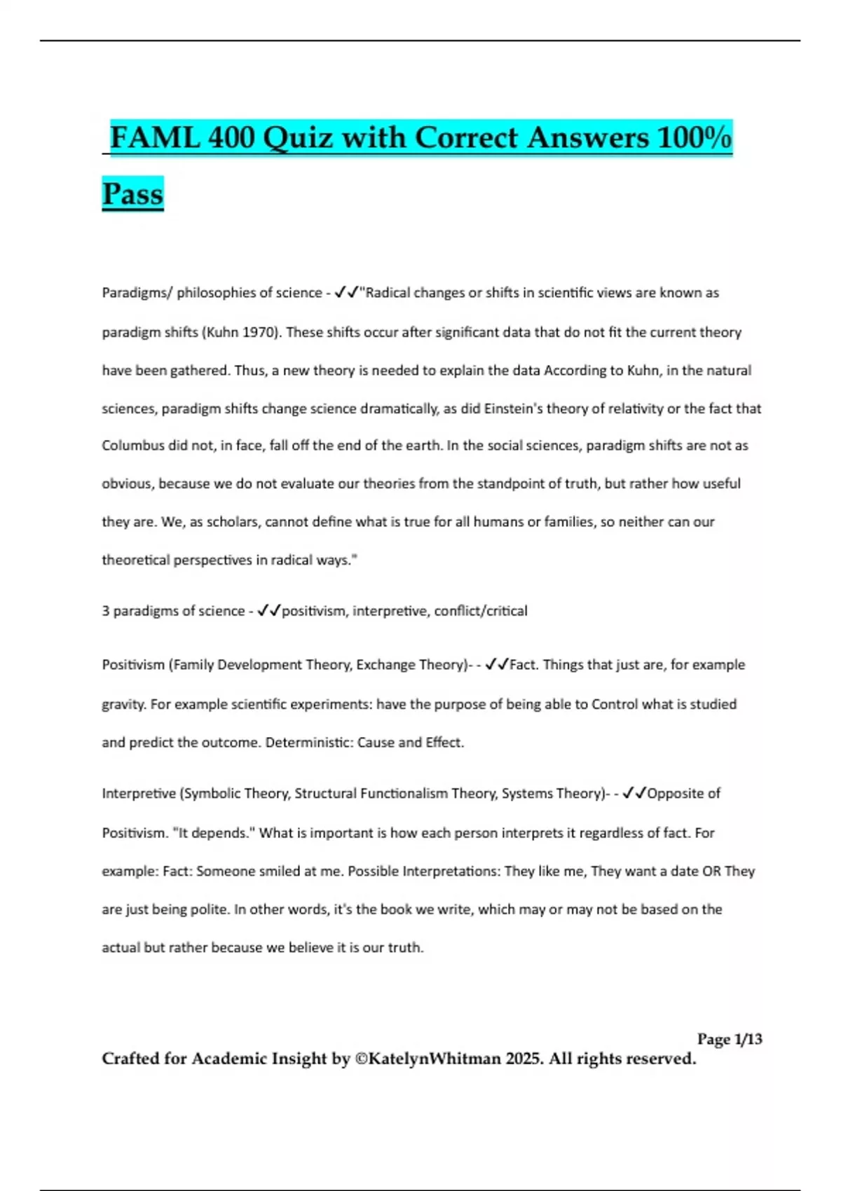 FAML 400 Quiz with Correct Answers 100% Pass - FAML 400 - Stuvia US