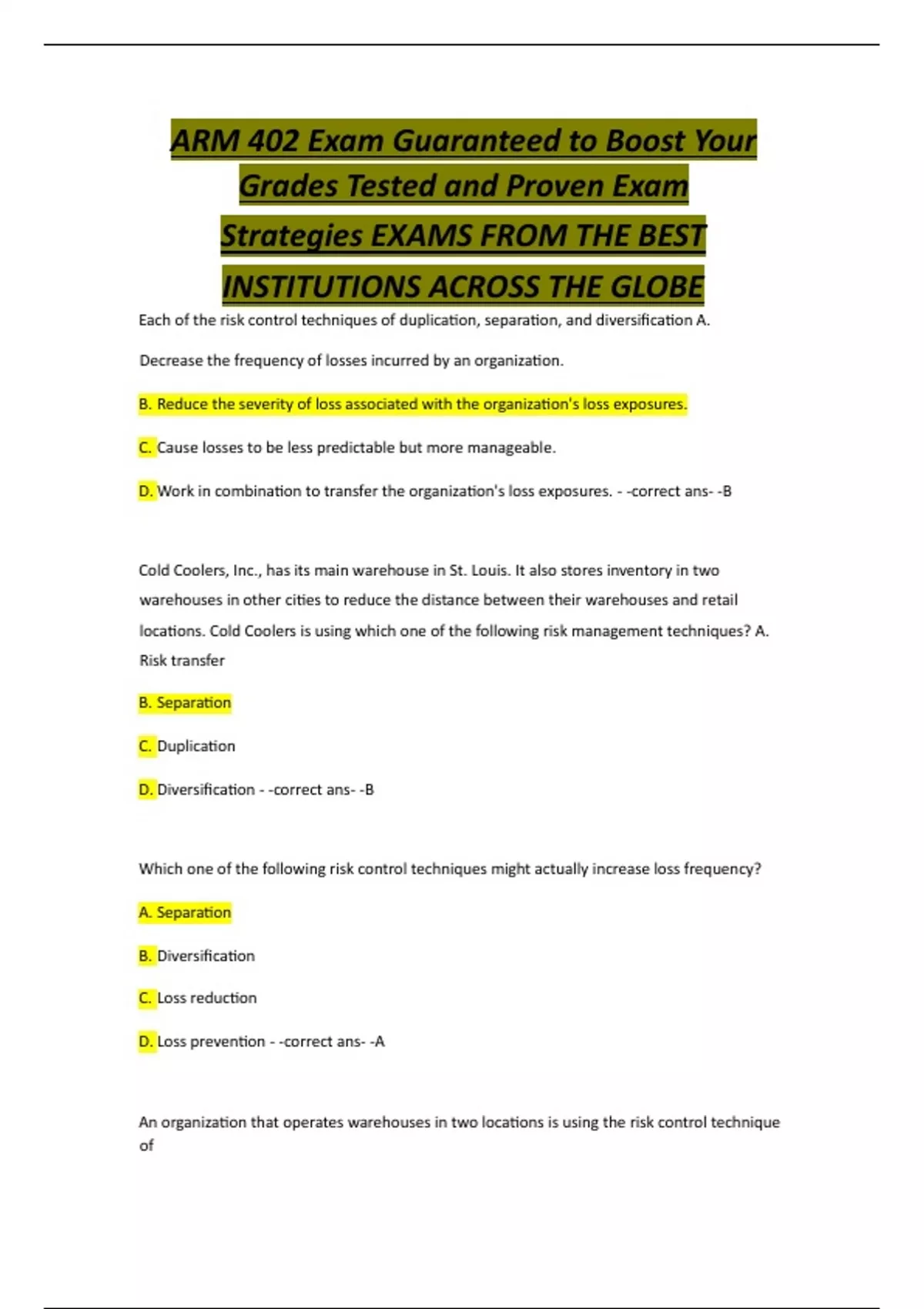 ARM 402 Exam 2025 | Comprehensive Study Guide, Key Risk Management ...