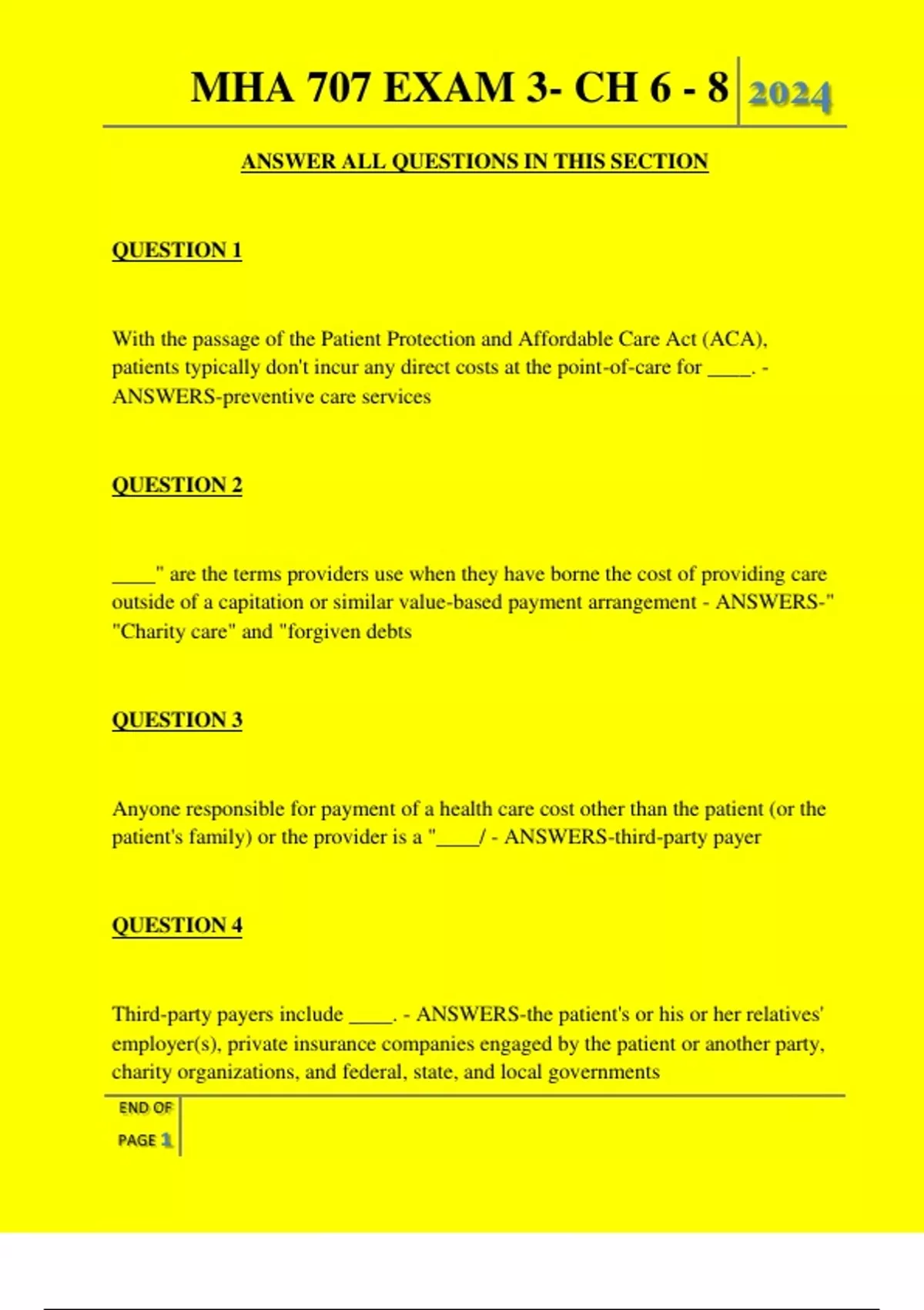 MHA 707 EXAM 3- CH 6 - 8 QUESTIONS AND ANSWERS 2024 - MHA 707- CH 6 - 8 ...