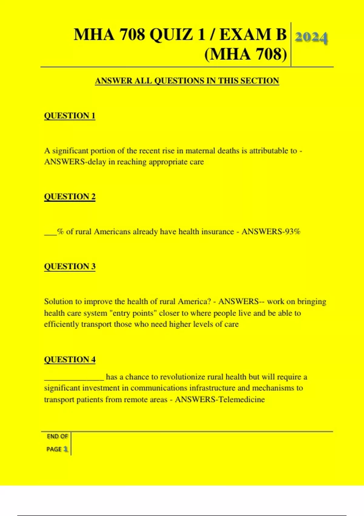 MHA 708 QUIZ 1 / EXAM B (MHA 708) QUESTIONS AND ANSWERS 2024 - MHA 708 ...
