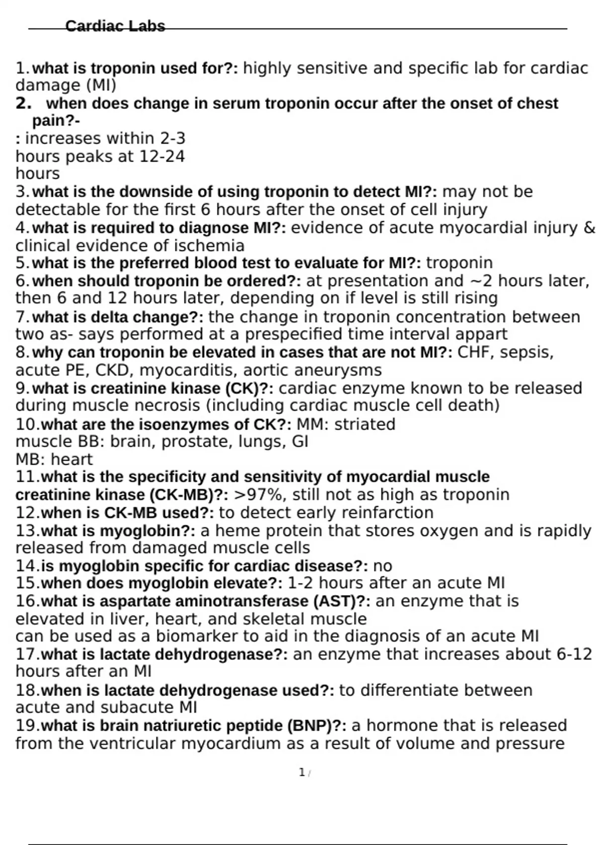 Cardiac Labs Questions and Answers - Cardiology - Stuvia US