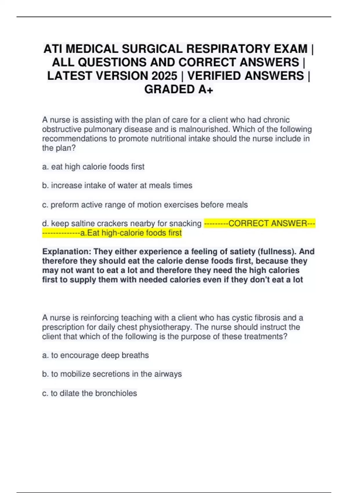 ATI MEDICAL SURGICAL RESPIRATORY EXAM | ALL QUESTIONS AND CORRECT ...