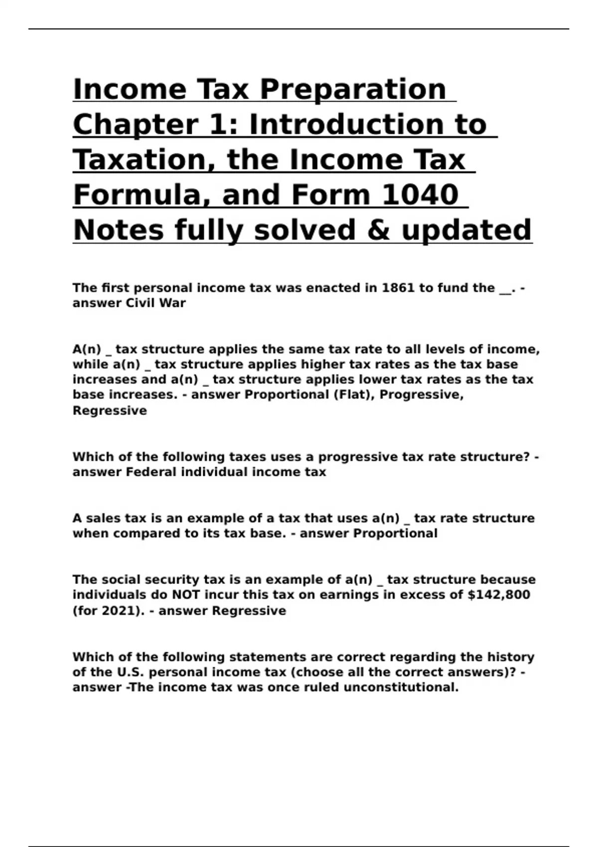 Income Tax Preparation Chapter 1 Introduction to Taxation, the Income ...