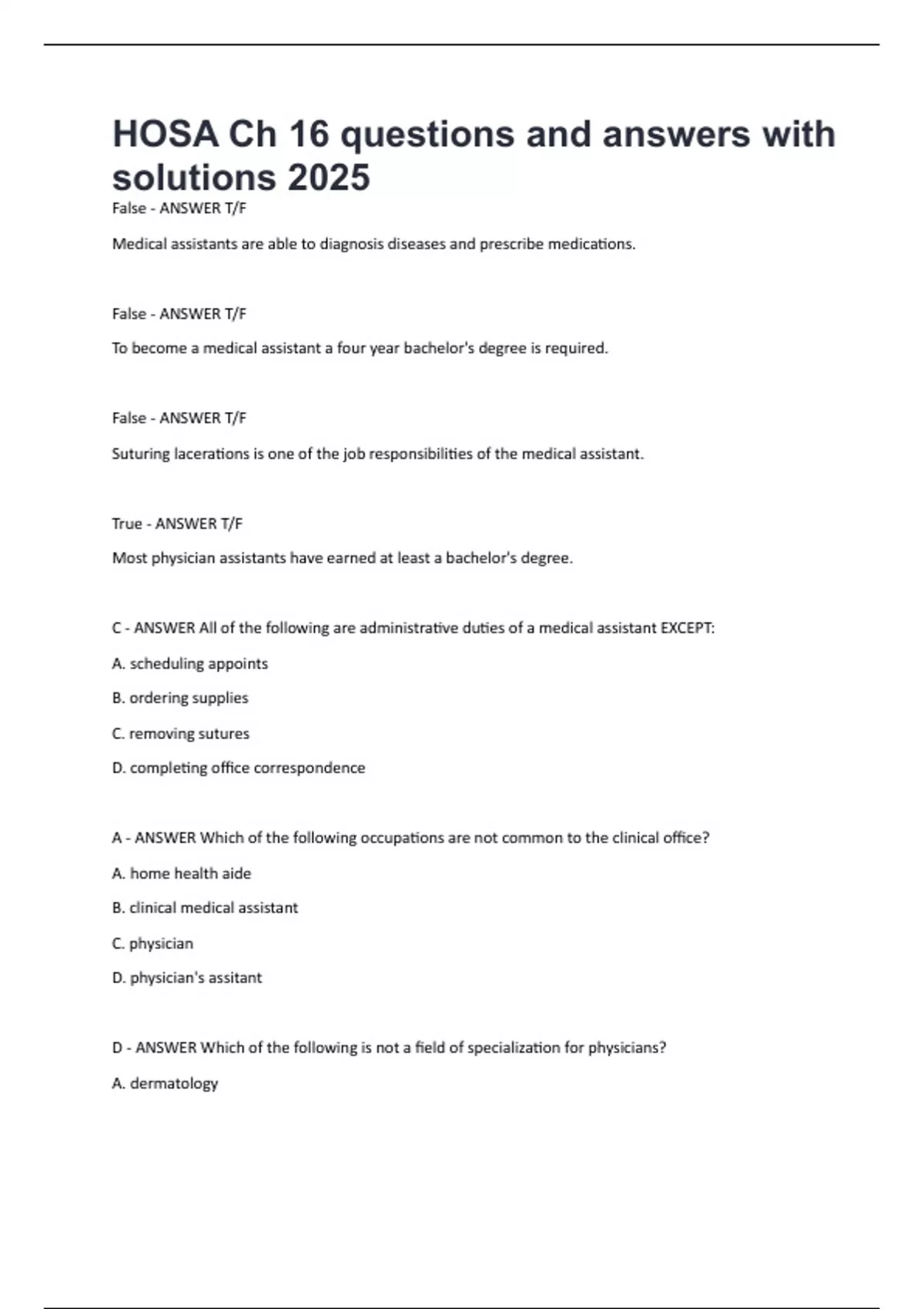 HOSA Ch 16 questions and answers with solutions 2025 - Hosa - Stuvia US