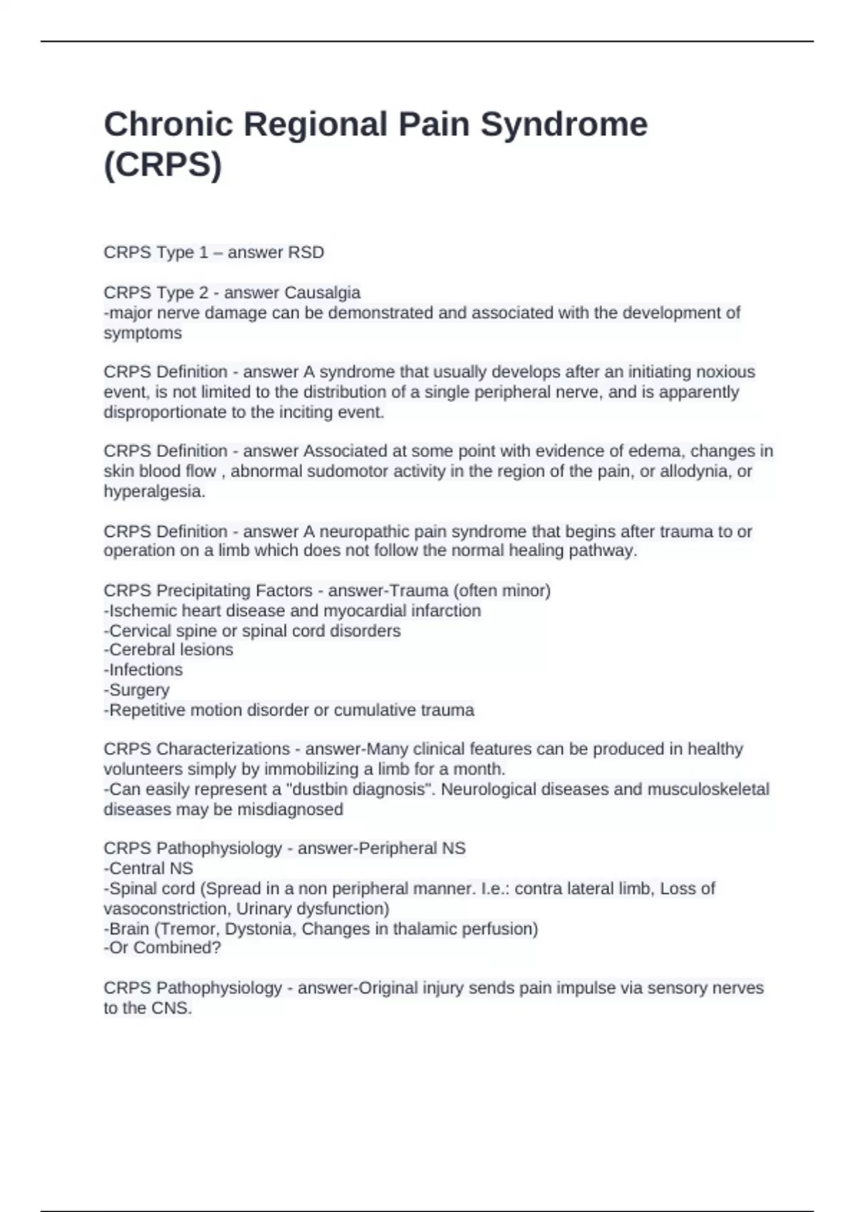 Chronic Regional Pain Syndrome (CRPS) Questions and Answers 100% ...