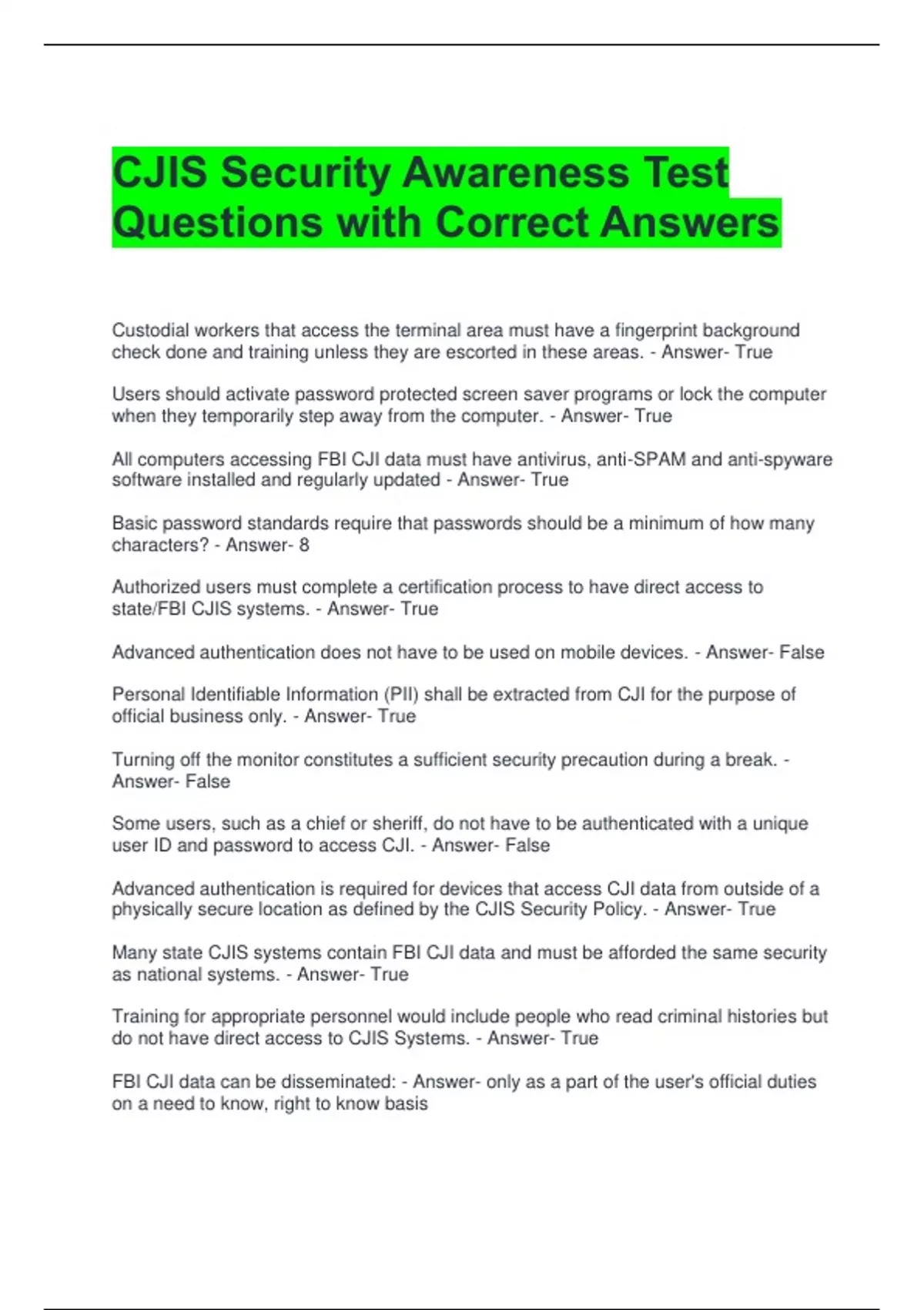 CJIS Security Awareness Test Questions with Correct Answers - CJIS ...