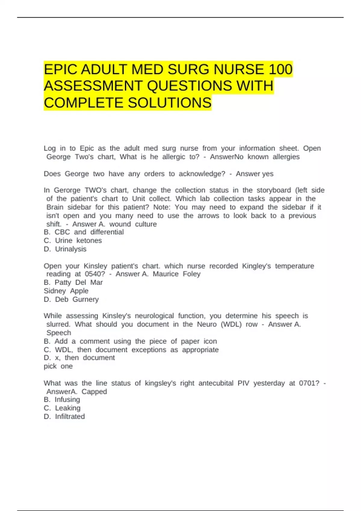 EPIC ADULT MED SURG NURSE 100 ASSESSMENT QUESTIONS WITH COMPLETE ...