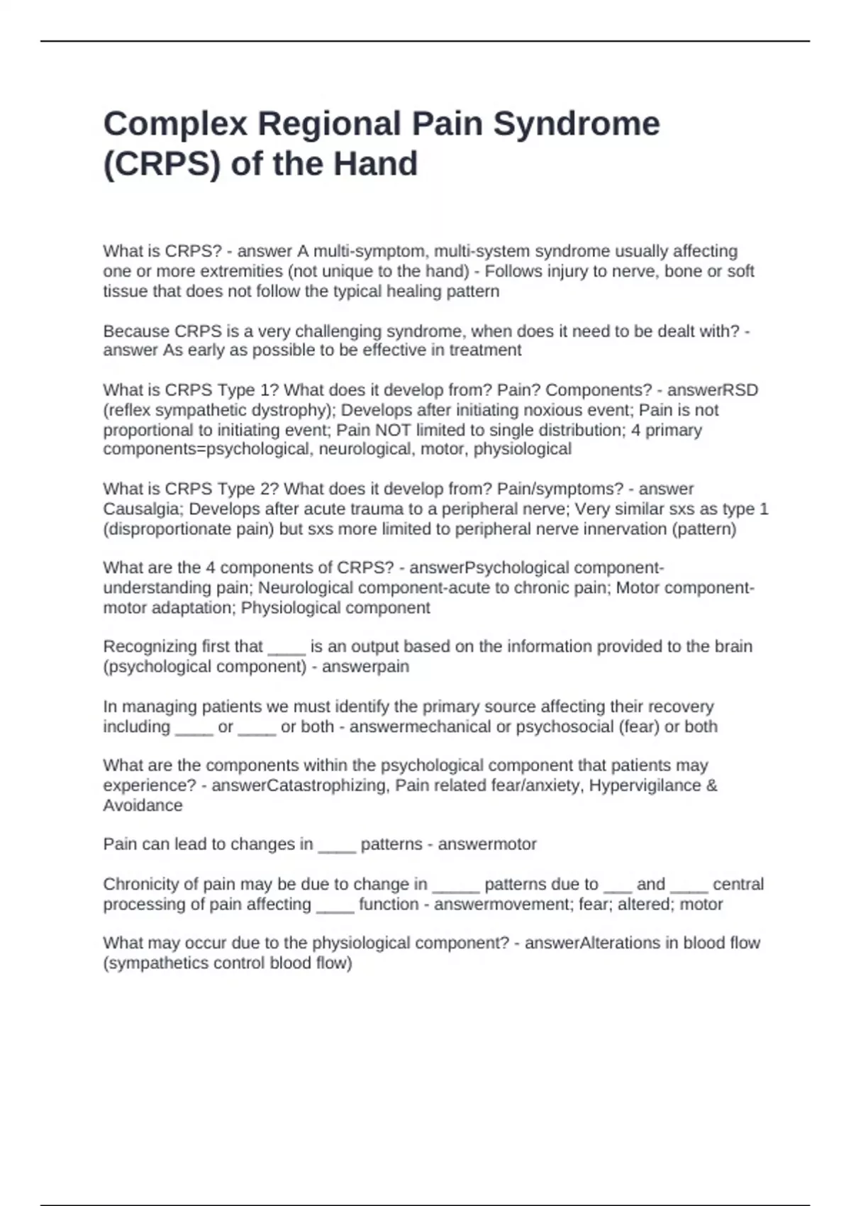 Complex Regional Pain Syndrome (CRPS) of the Hand Questions and Answers ...