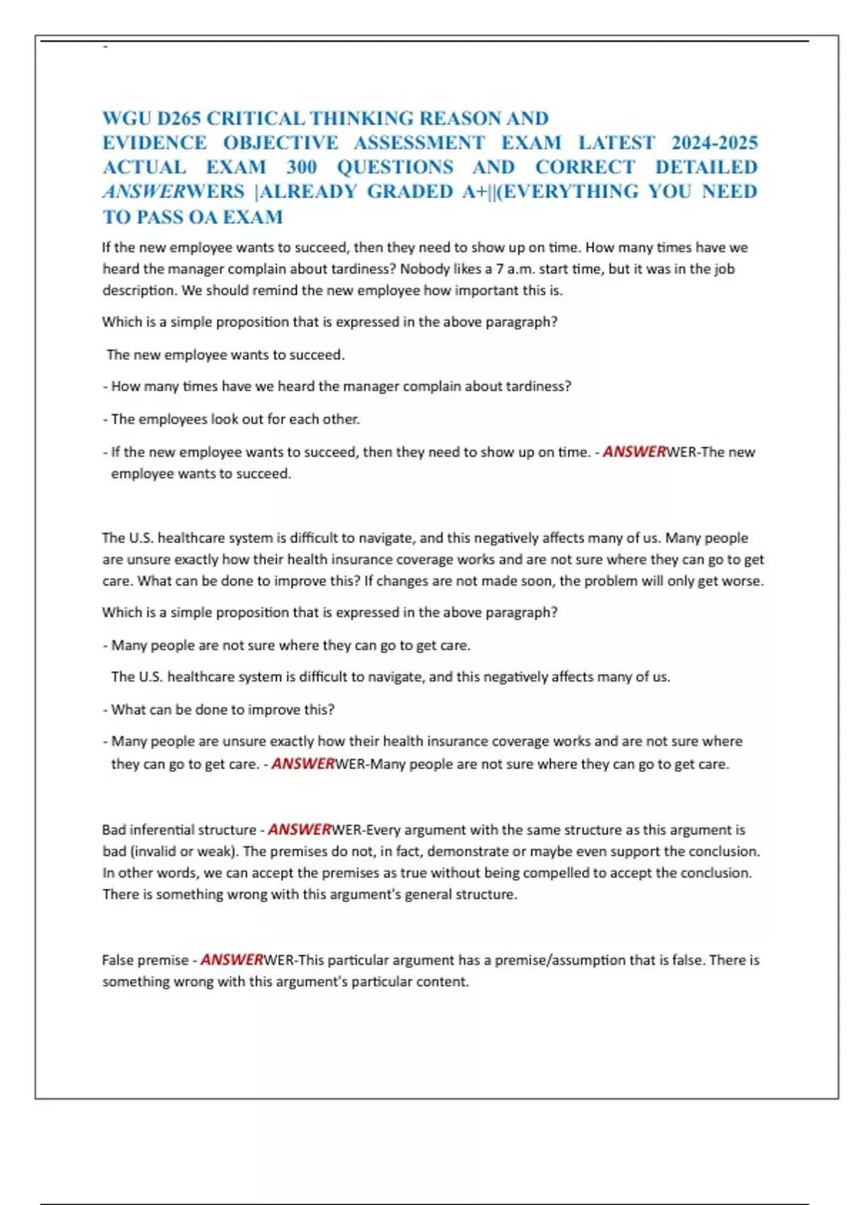 WGU D265 CRITICAL THINKING REASON AND EVIDENCE OBJECTIVE ASSESSMENT ...