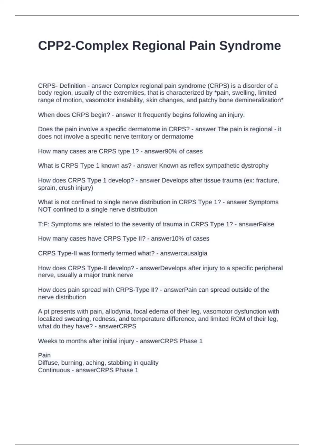 CPP2-Complex Regional Pain Syndrome Questions with Solutions - Crps - Stuvia US