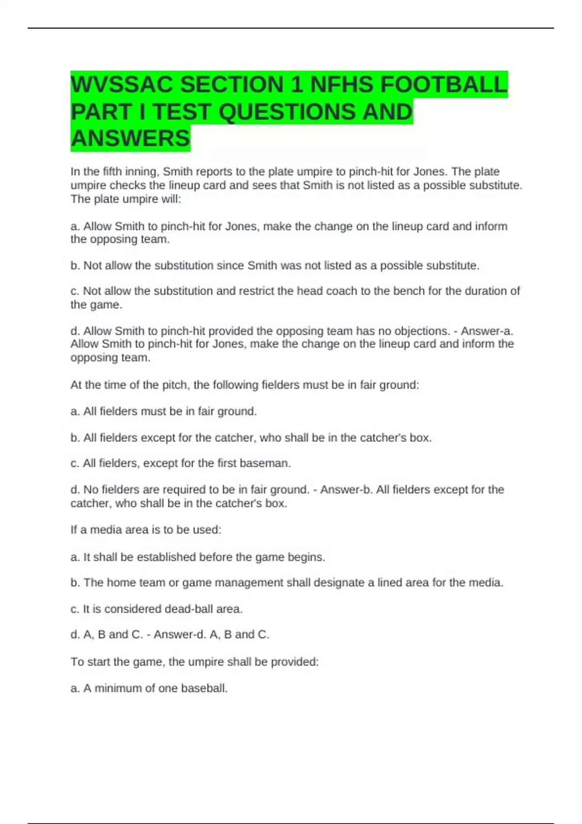 WVSSAC SECTION 1 NFHS FOOTBALL PART I TEST QUESTIONS AND ANSWERS ...