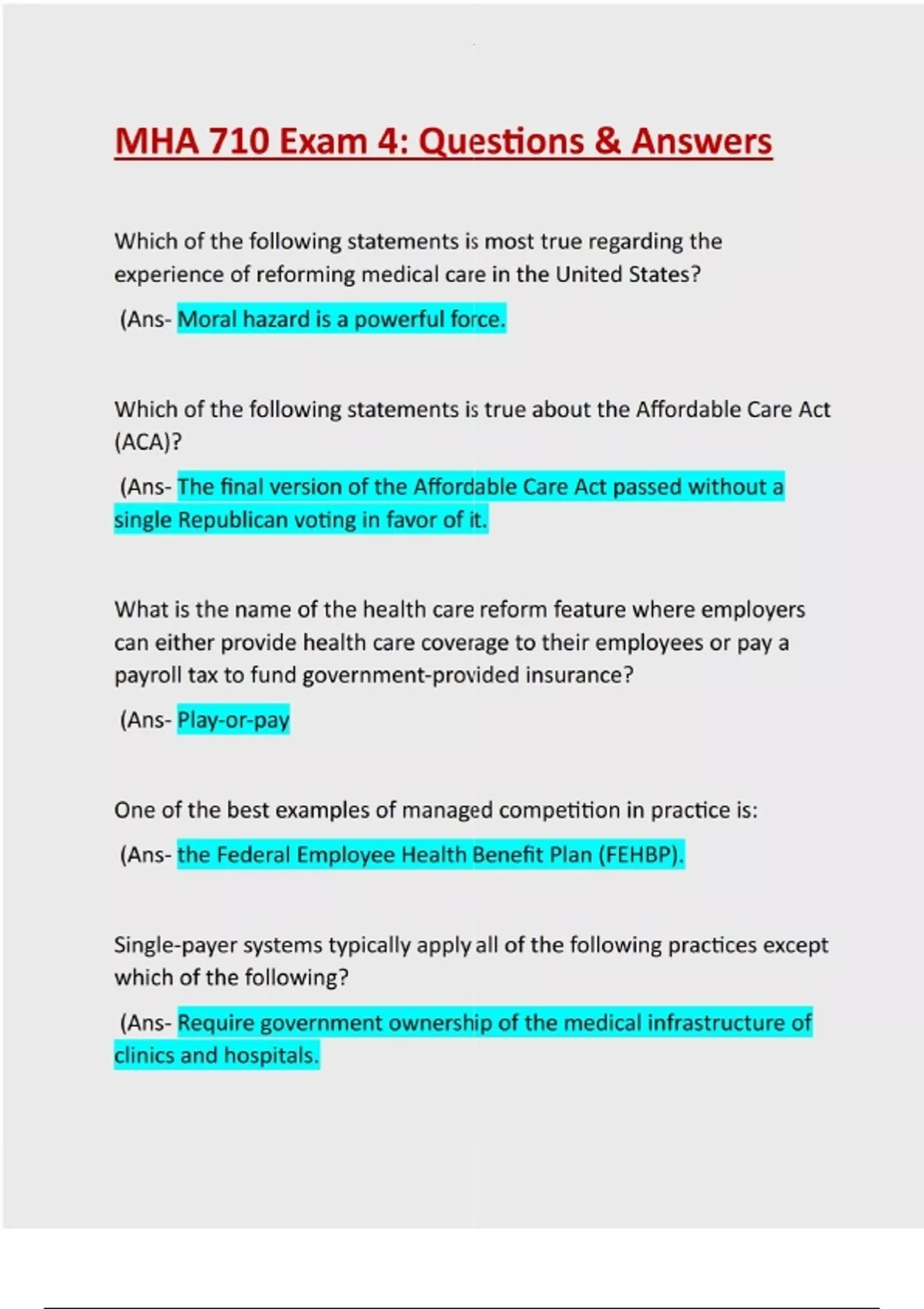 Exam 4) MHA 710 Exam 4: Questions & Answers: Updated A+ Guide - MHA 710 ...