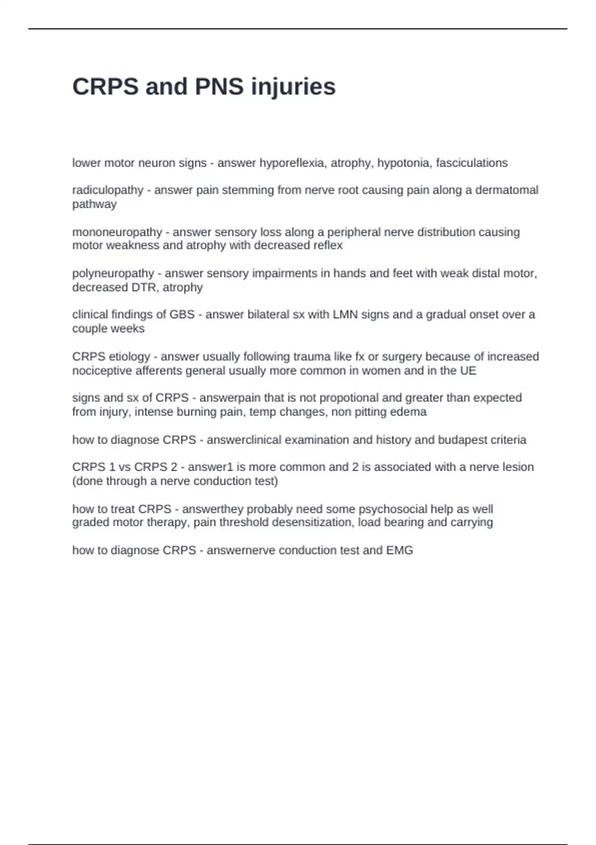 CRPS and PNS injuries Questions and Answers 2024 - Crps - Stuvia US