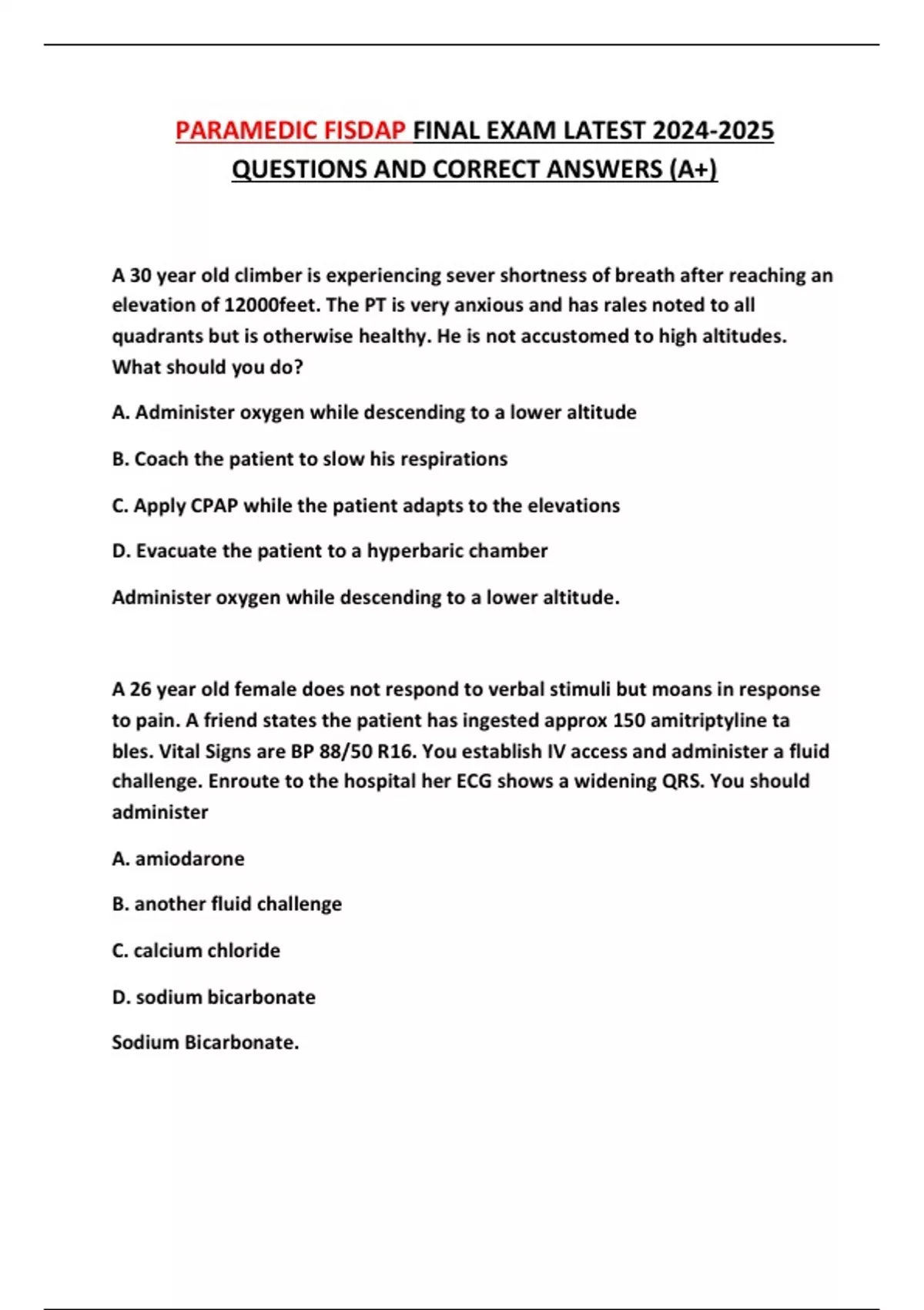 PARAMEDIC FISDAP FINAL EXAM LATEST QUESTIONS AND CORRECT ANSWERS (A+ ...