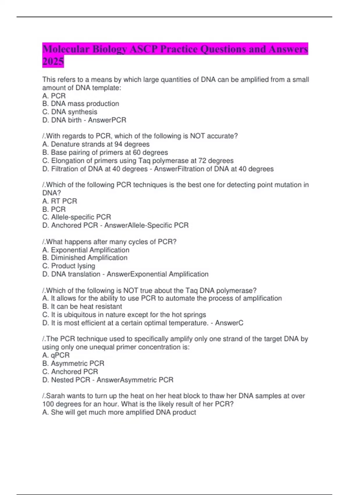 Molecular Biology ASCP Practice Questions and Answers 2025 - Molecular ...