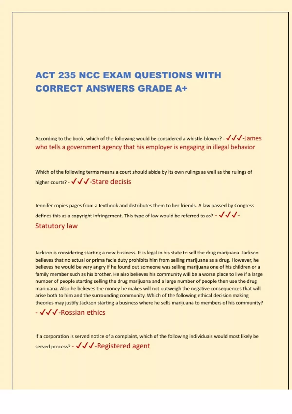 ACT 235 NCC EXAM QUESTIONS WITH CORRECT ANSWERS GRADE A+ - ACT 235 NCC ...