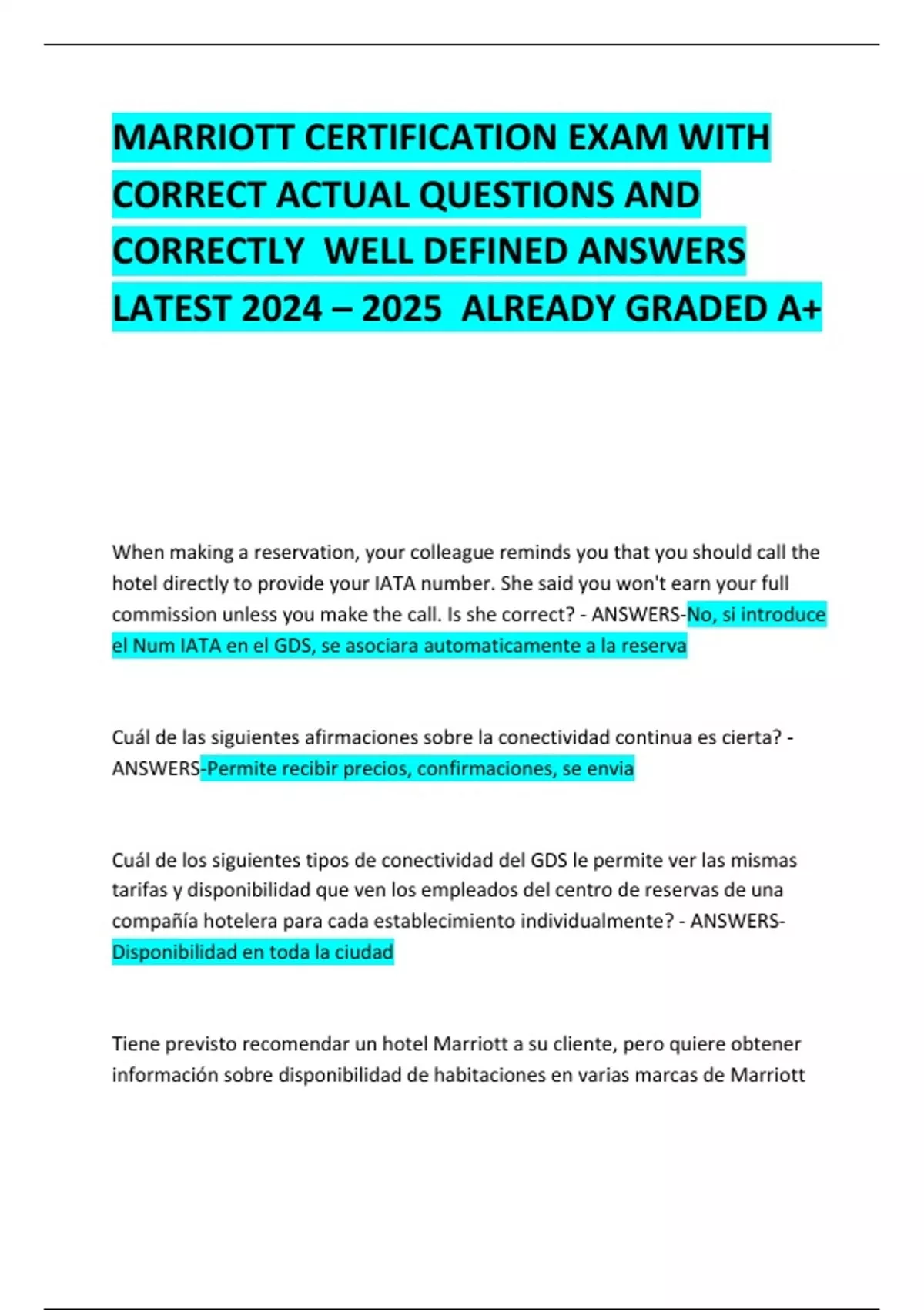 MARRIOTT CERTIFICATION EXAM WITH CORRECT ACTUAL QUESTIONS AND CORRECTLY ...
