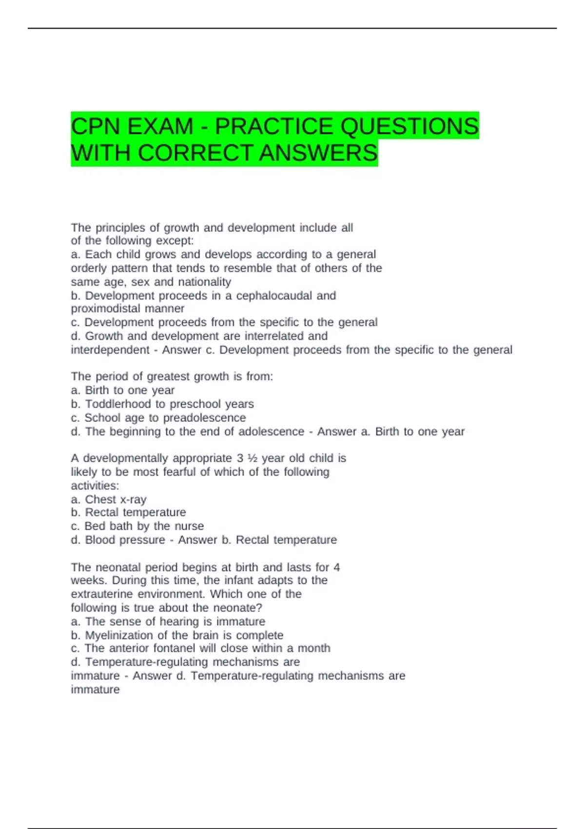 CPN EXAM - PRACTICE QUESTIONS WITH CORRECT ANSWERS - CPN - Stuvia US