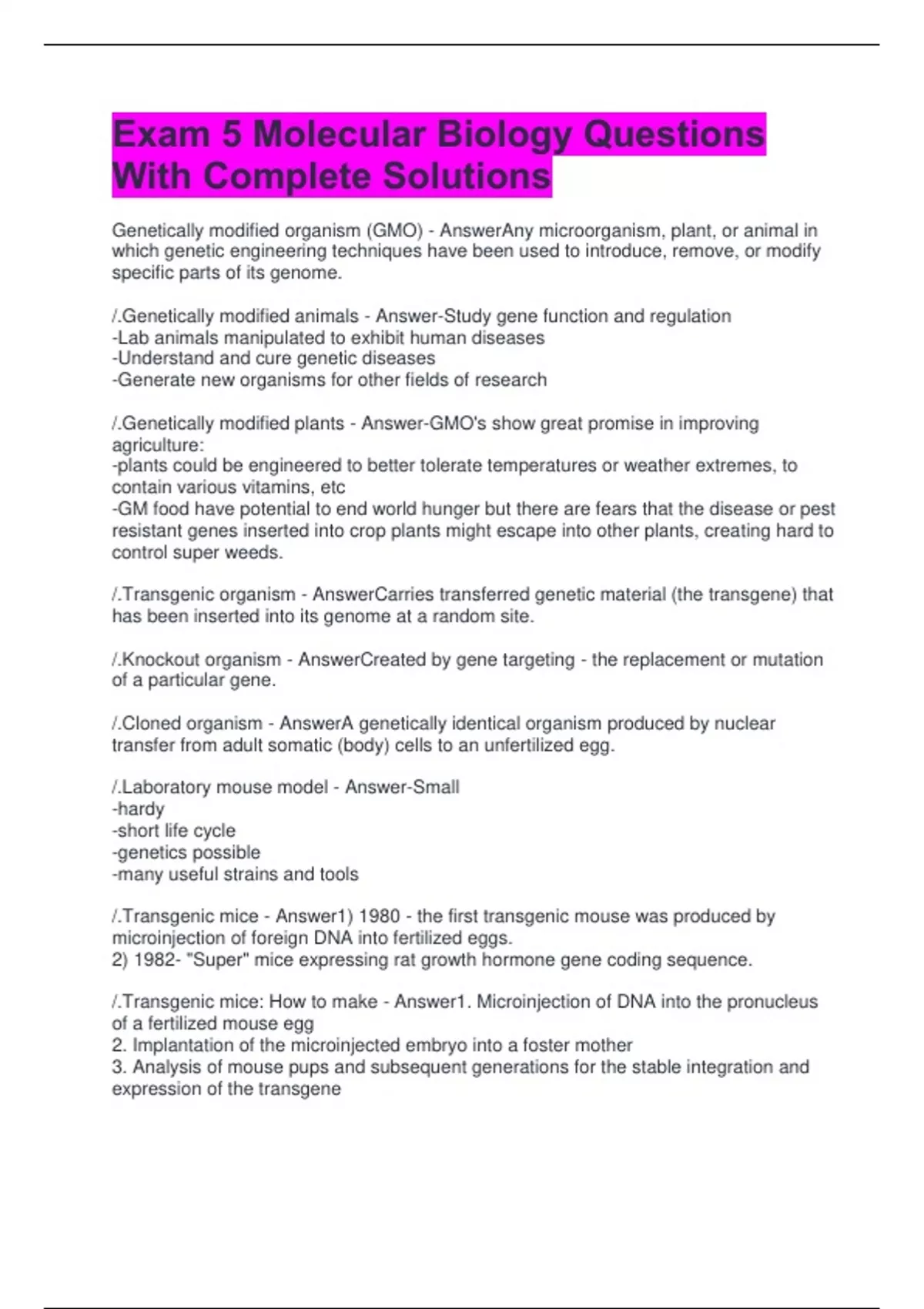Exam 5 Molecular Biology Questions With Complete Solutions - Molecular ...