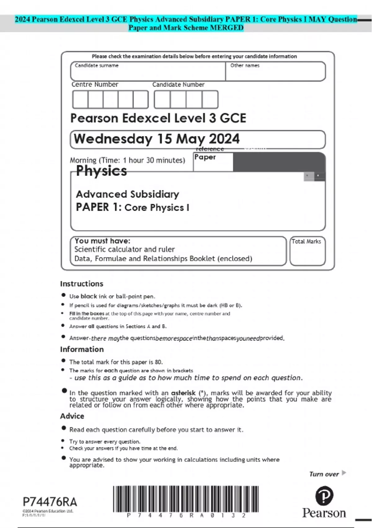 2024 Pearson Edexcel Level 3 GCE Physics Advanced Subsidiary PAPER 1 ...