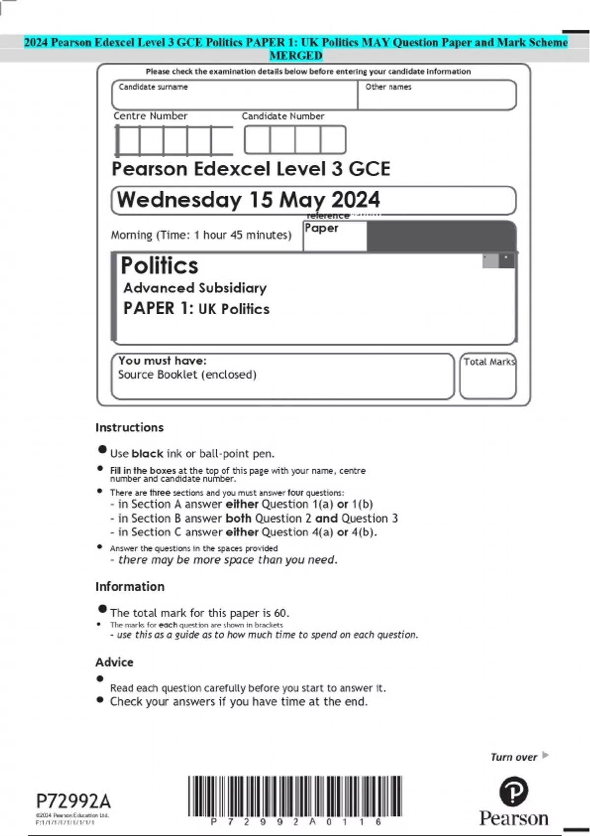 PACKAGE DEAL::::2024 Pearson Edexcel Level 3 GCE Politics | Question ...