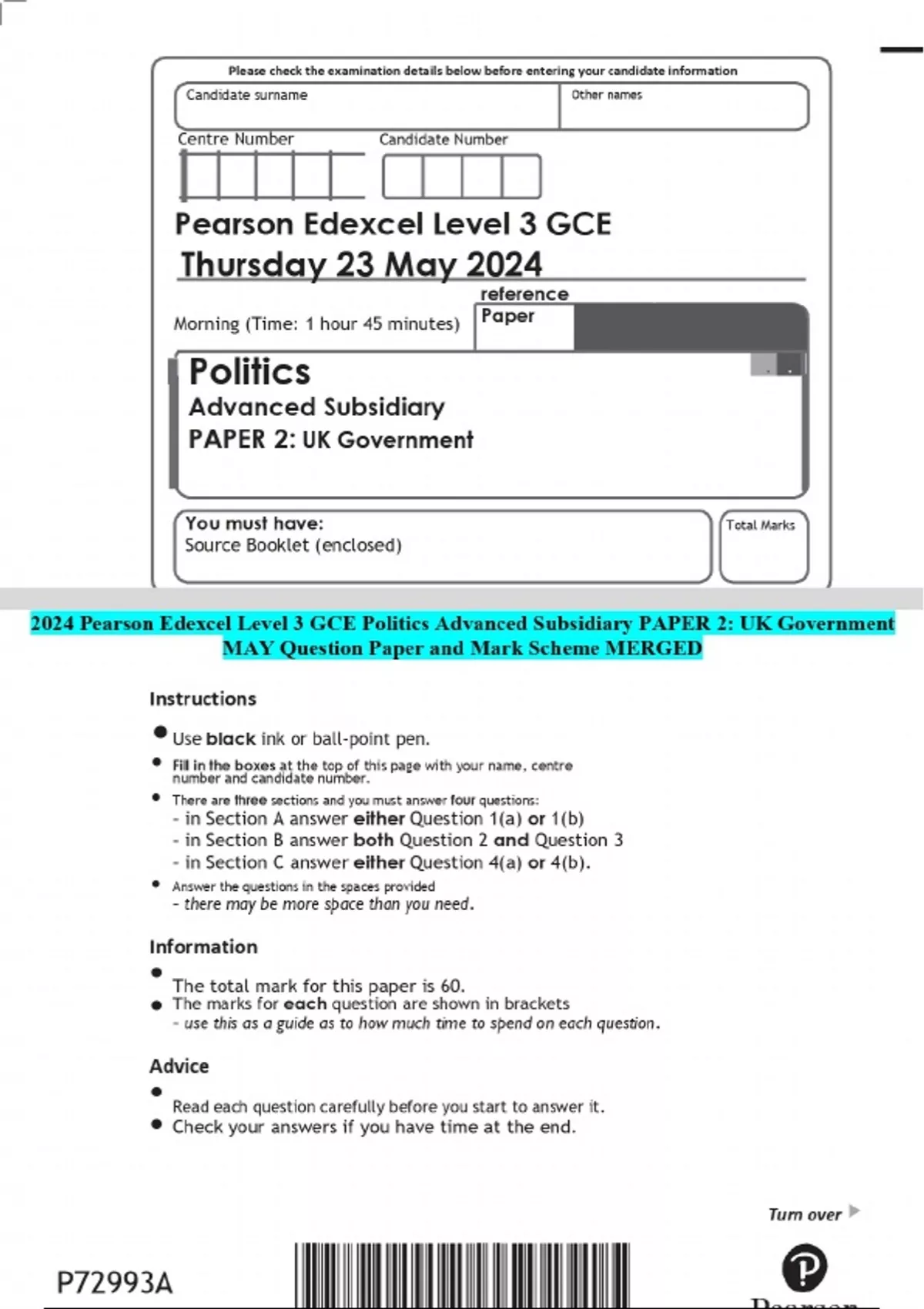 2024 Pearson Edexcel Level 3 GCE Politics Advanced Subsidiary PAPER 2 ...