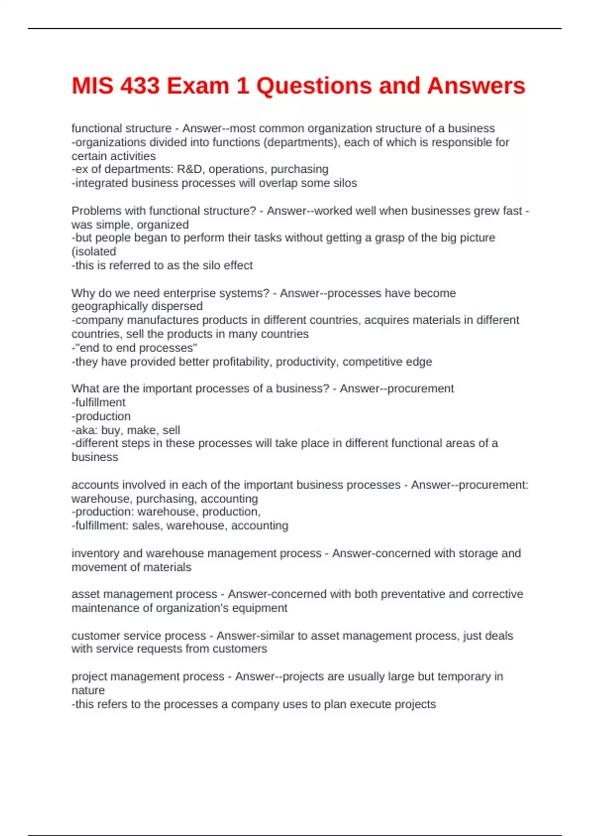 MIS 433 Exam 1 Questions and Answers - MIS 431 - Stuvia US