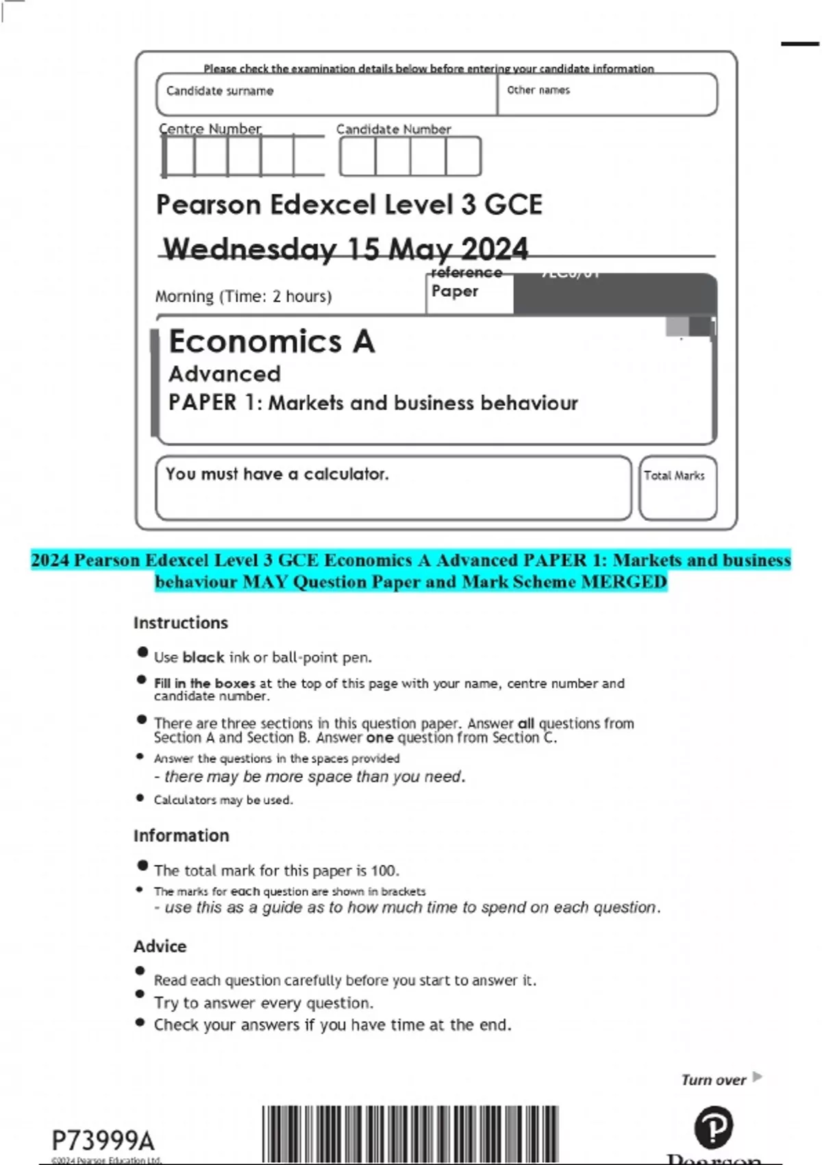 2024 Pearson Edexcel Level 3 GCE Economics A Advanced PAPER 1: Markets ...