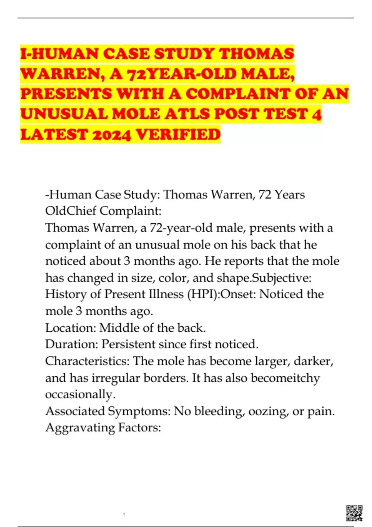 I-HUMAN CASE STUDY THOMAS WARREN, A 72YEAR-OLD MALE, PRESENTS WITH A COMPLAINT OF AN UNUSUAL ...