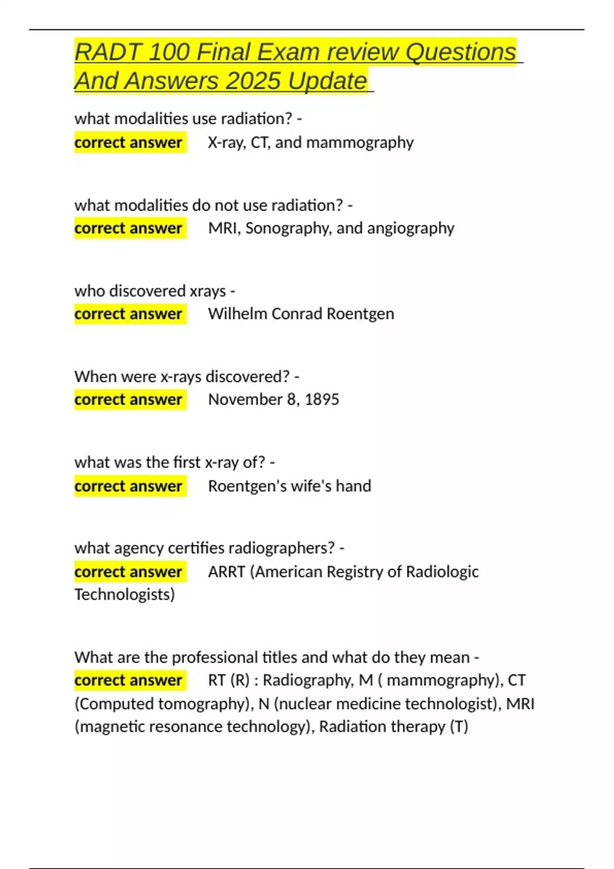 RADT 100 Final Exam review Questions And Answers 2025 Update - RADT 100 ...