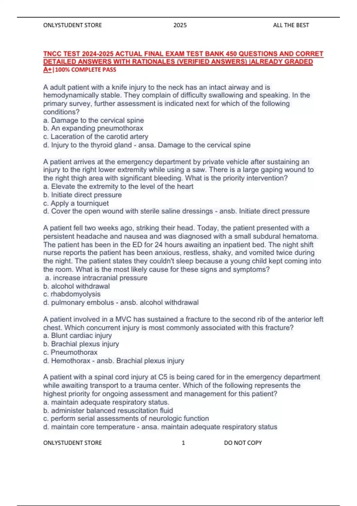 TNCC TEST ACTUAL FINAL EXAM TEST BANK 450 QUESTIONS ANDCORRETDETAILED ...