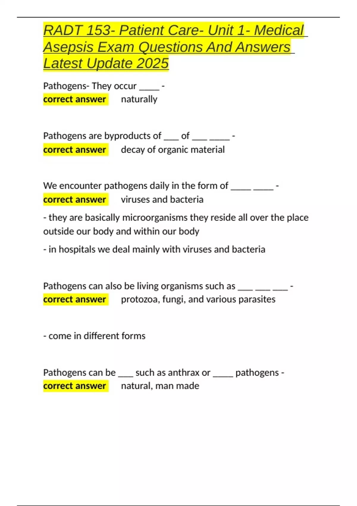 RADT 153- Patient Care- Unit 1- Medical Asepsis Exam Questions And ...