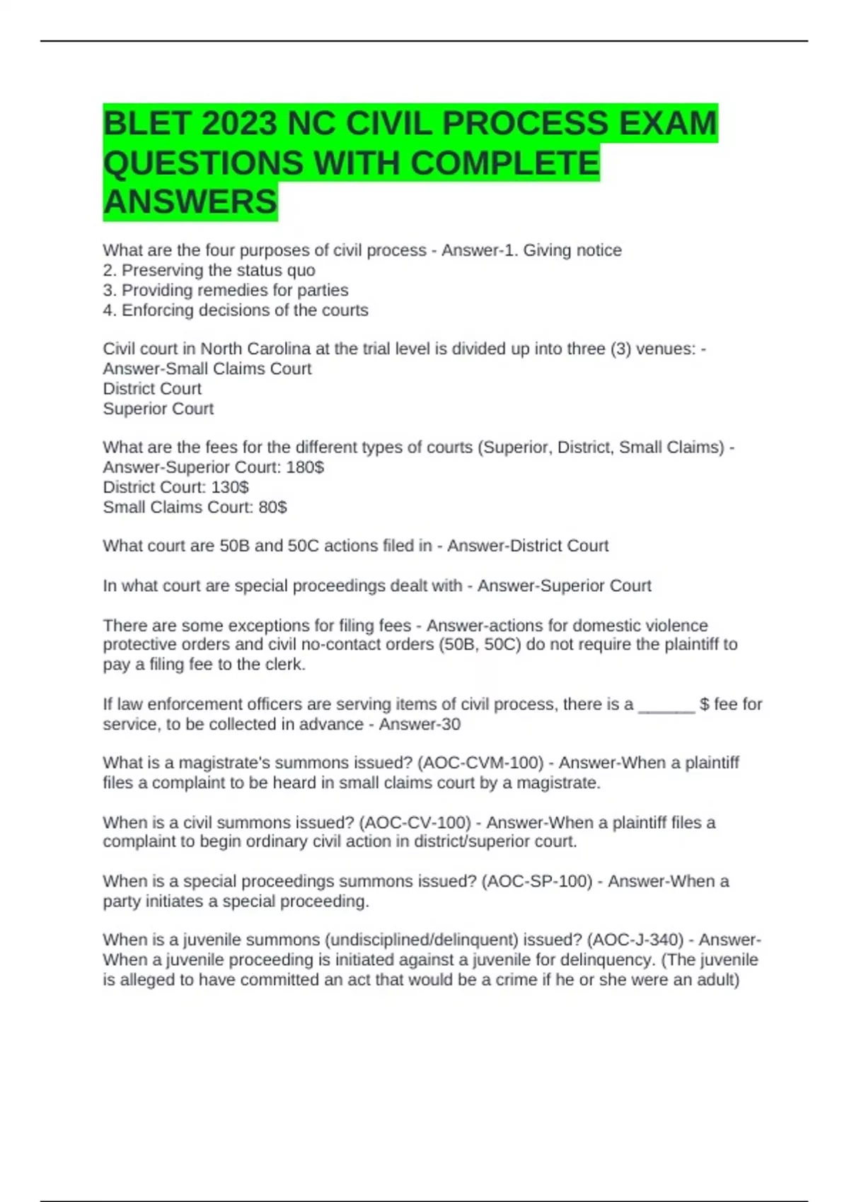 BLET 2024/ 2025 NC CIVIL PROCESS EXAM QUESTIONS WITH COMPLETE ANSWERS ...