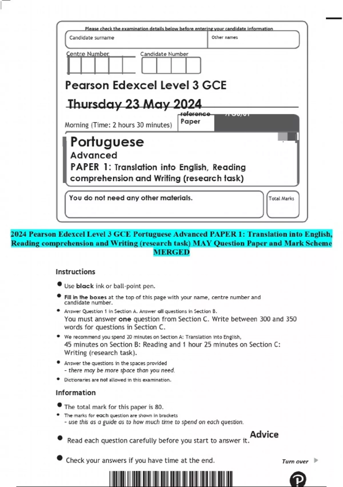 PACKAGE DEAL::::2024 Pearson Edexcel Level 3 GCE Portuguese | Question ...