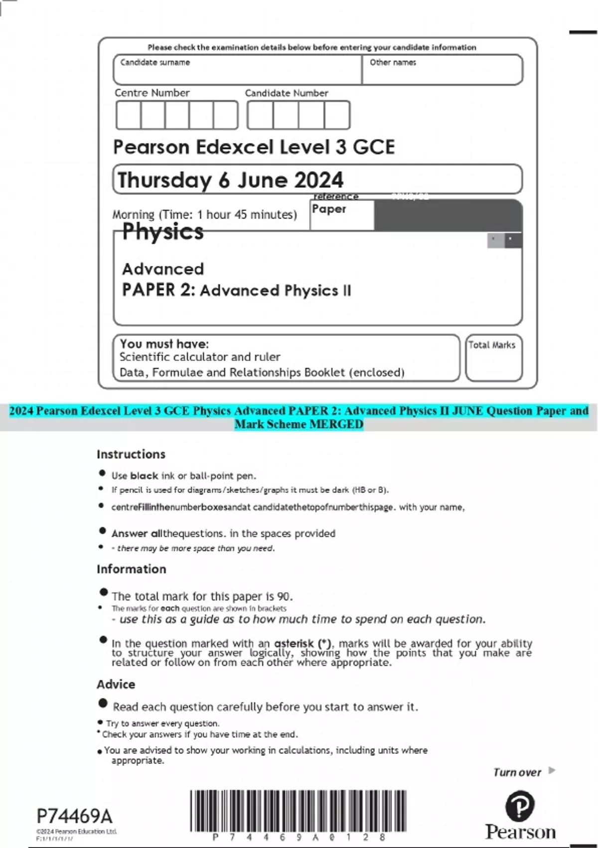 2024 Pearson Edexcel Level 3 GCE Physics Advanced PAPER 2: Advanced ...