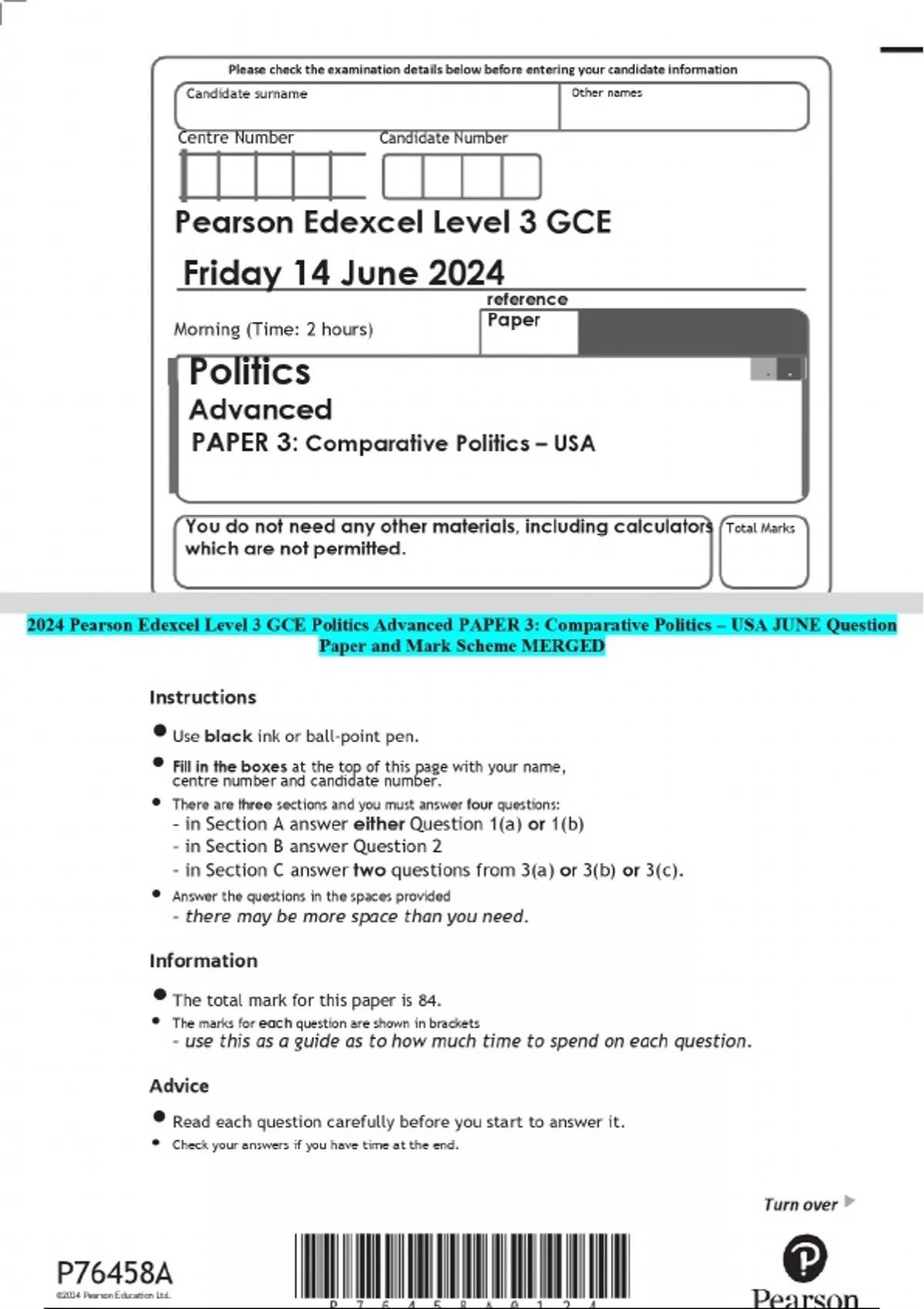 2024 Pearson Edexcel Level 3 GCE Politics Advanced PAPER 3: Comparative ...