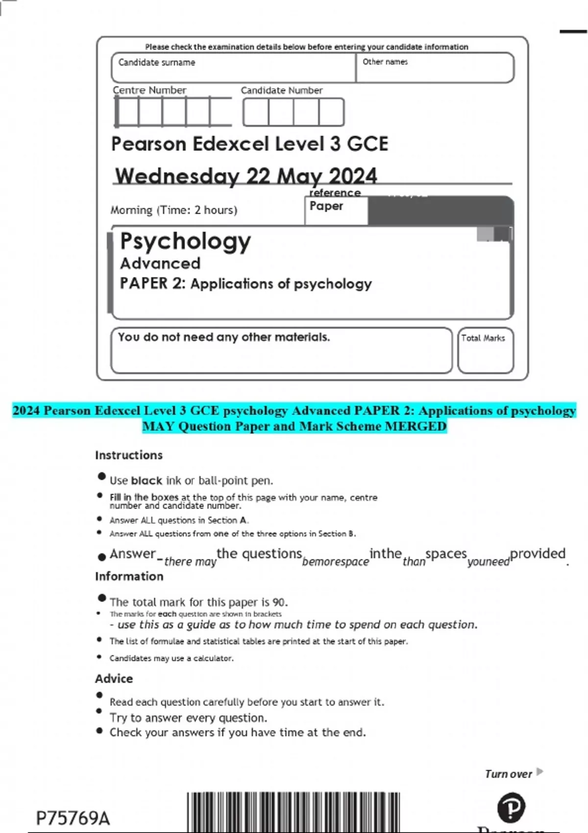 2024 Pearson Edexcel Level 3 GCE psychology Advanced PAPER 2 ...