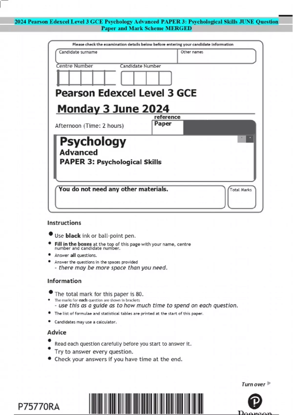2024 Pearson Edexcel Level 3 GCE Psychology Advanced PAPER 3 ...