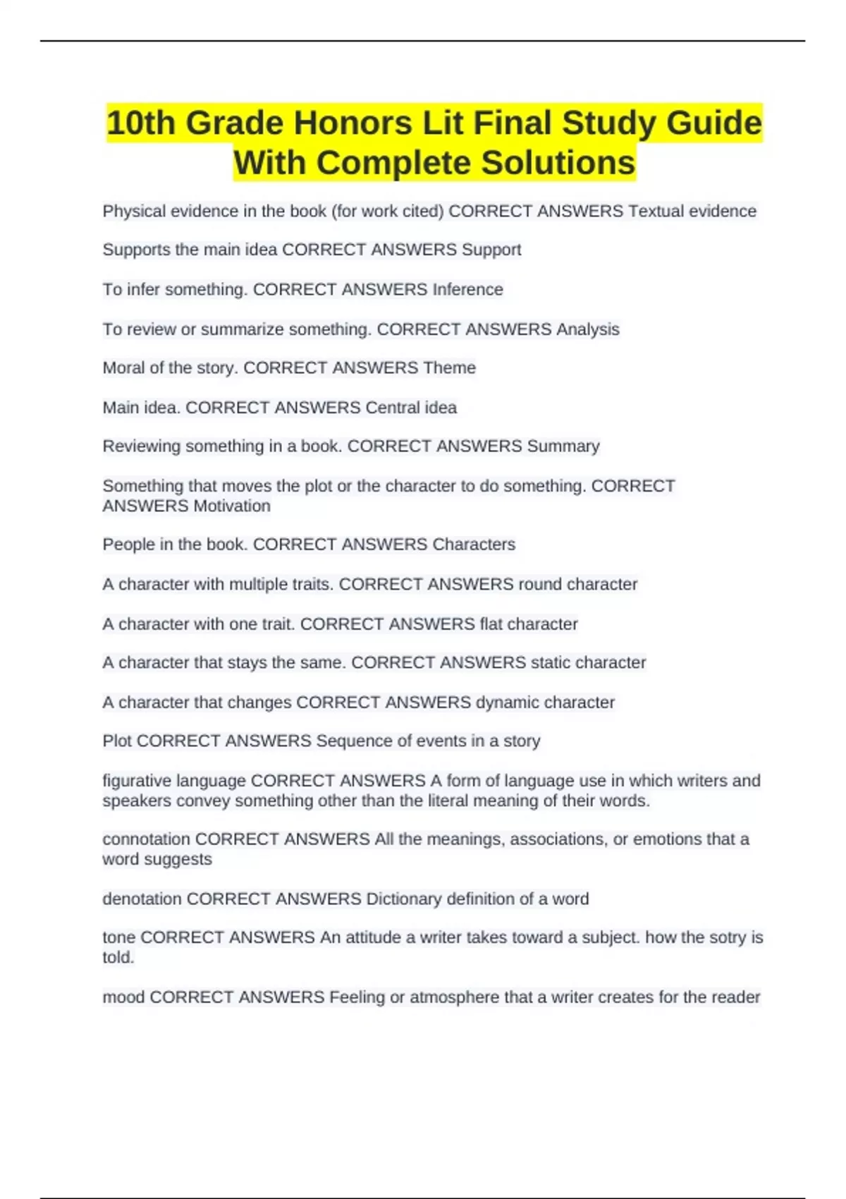 10th Grade Honors Lit Final Study Guide With Complete Solutions - 10th ...