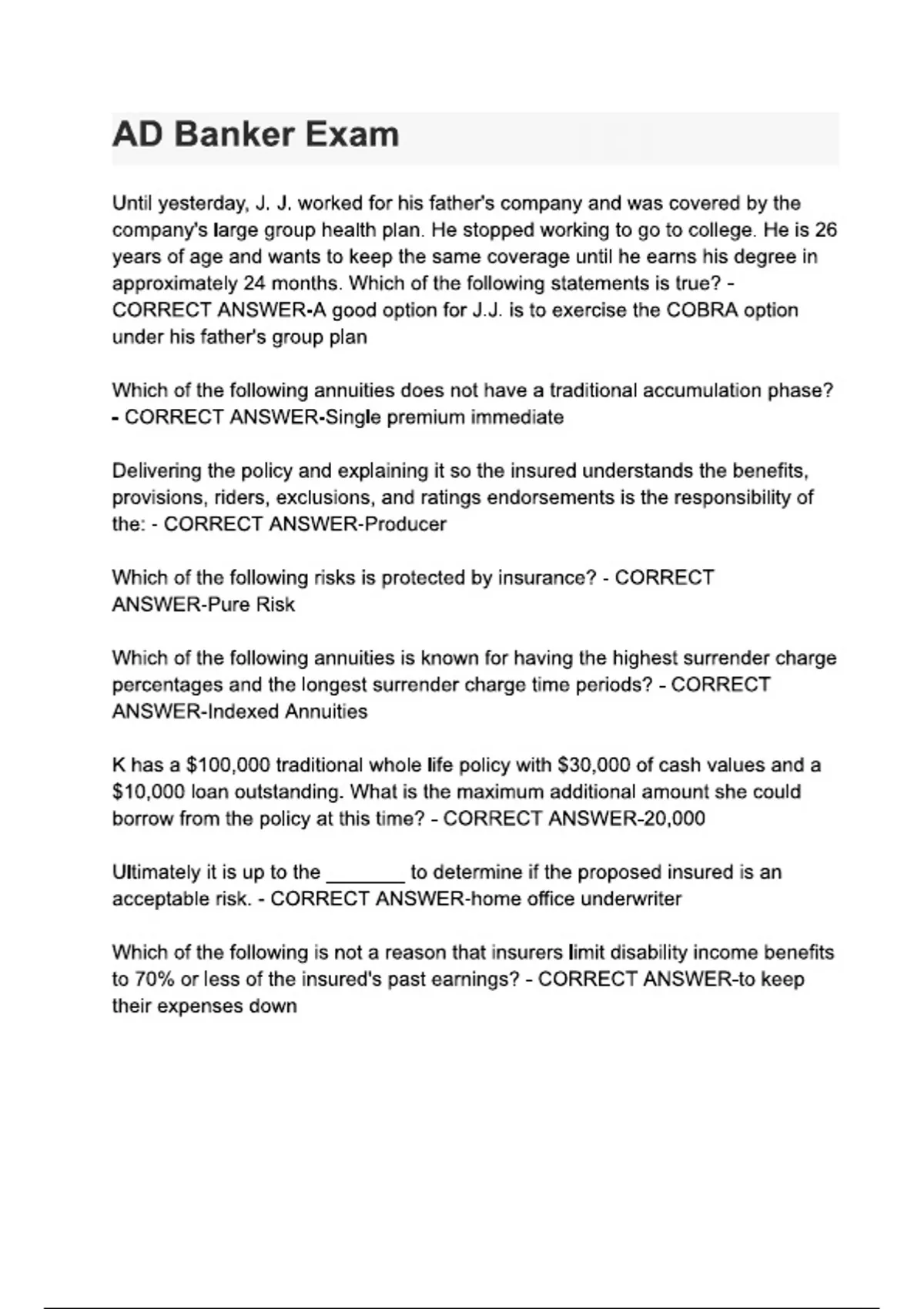 AD Banker Exam questions and answers - AD BANKER - Stuvia US