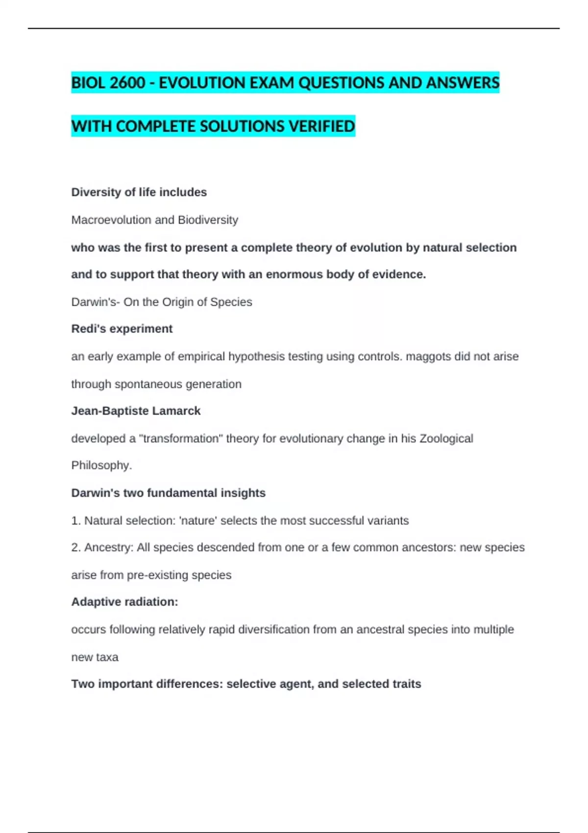 BIOL 2600 - EVOLUTION EXAM QUESTIONS AND ANSWERS WITH COMPLETE ...