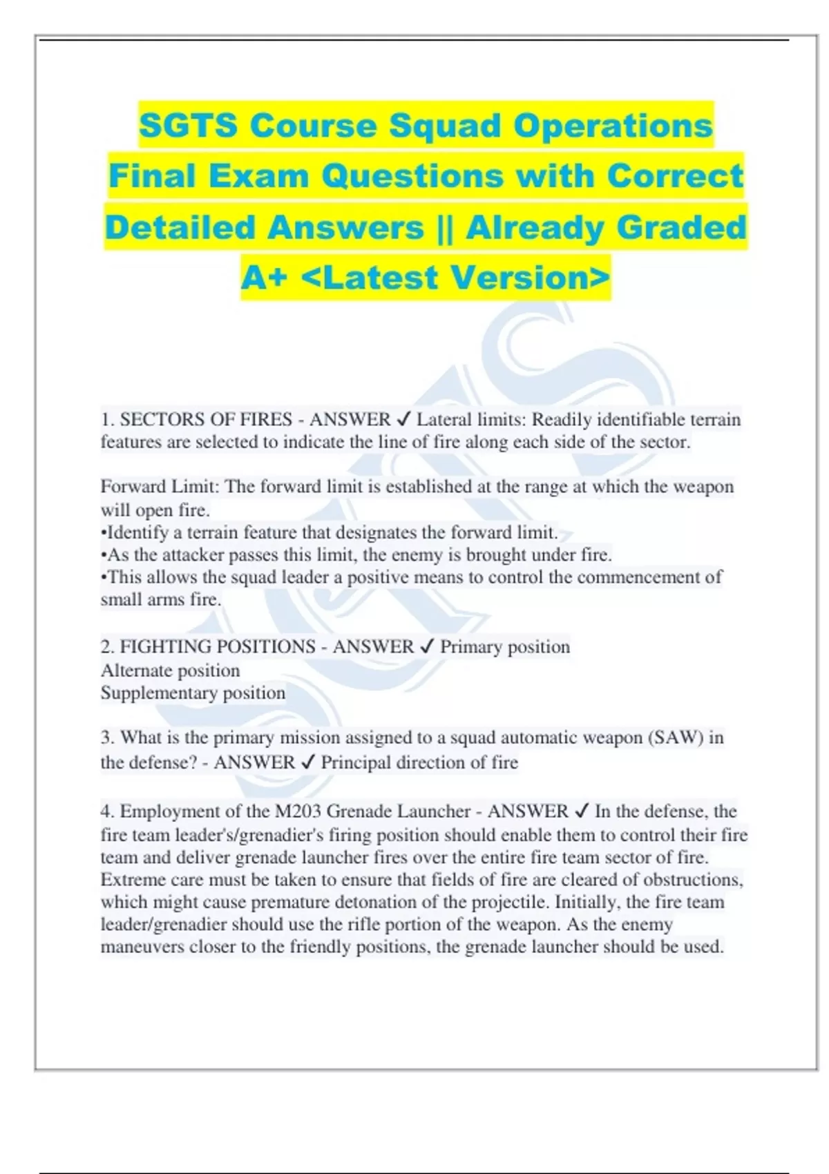 SGTS Course Squad Operations Final Exam Questions with Correct Detailed ...