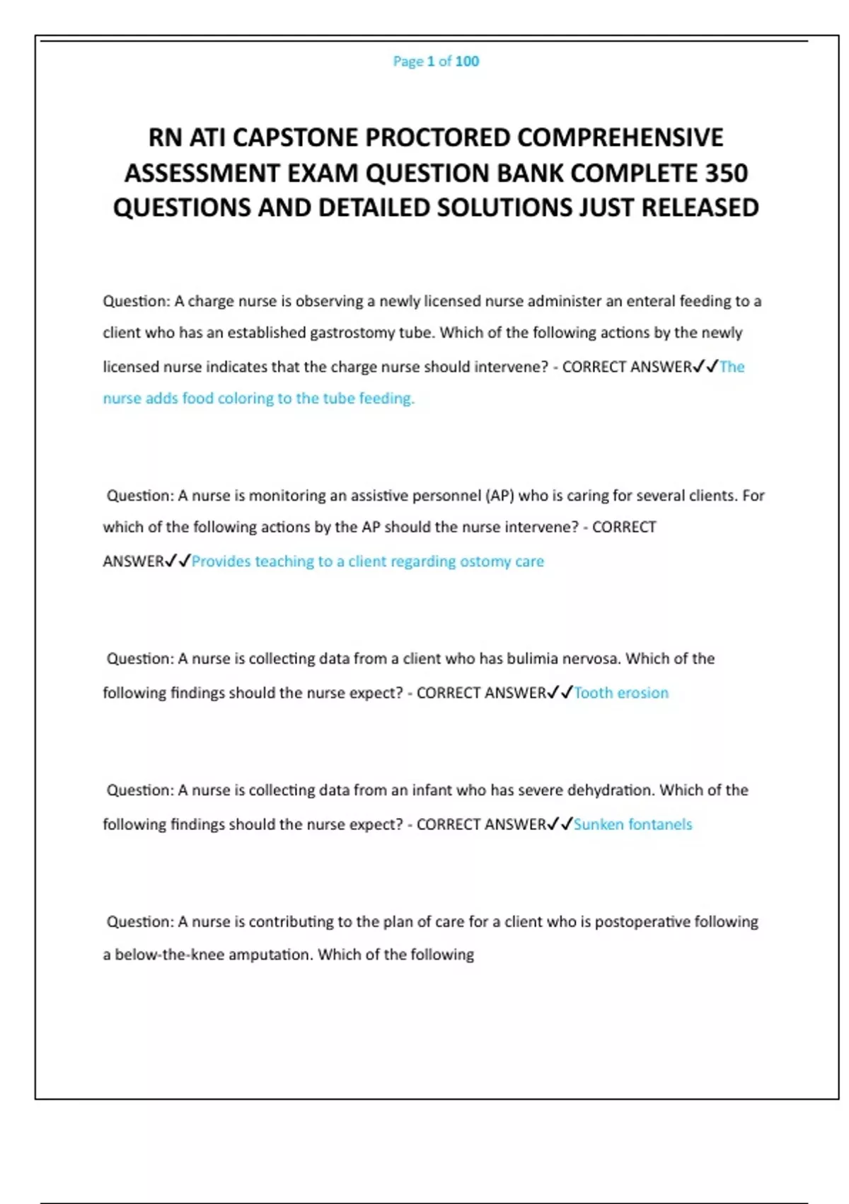 RN ATI CAPSTONE PROCTORED COMPREHENSIVE ASSESSMENT EXAM QUESTION BANK ...