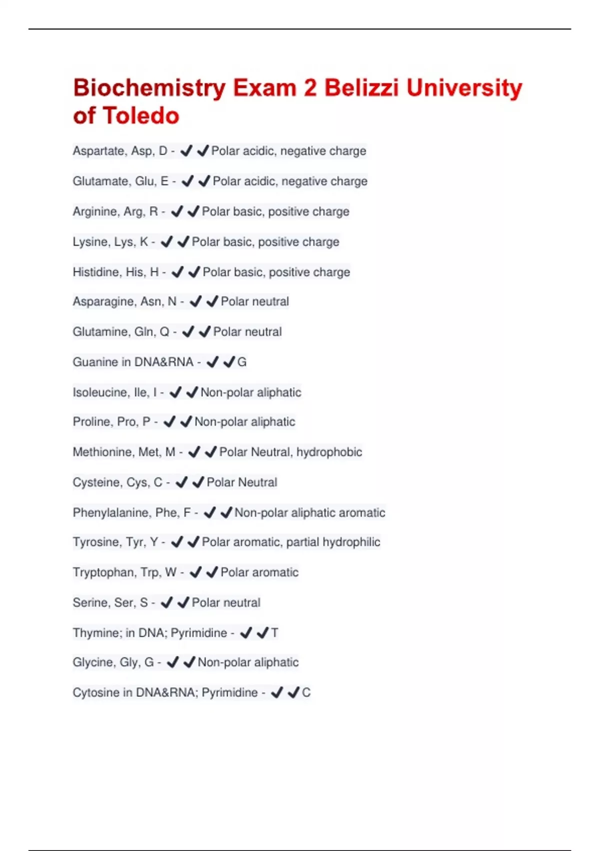 Biochemistry Exam 2 Belizzi University of Toledo Questions And Answers ...